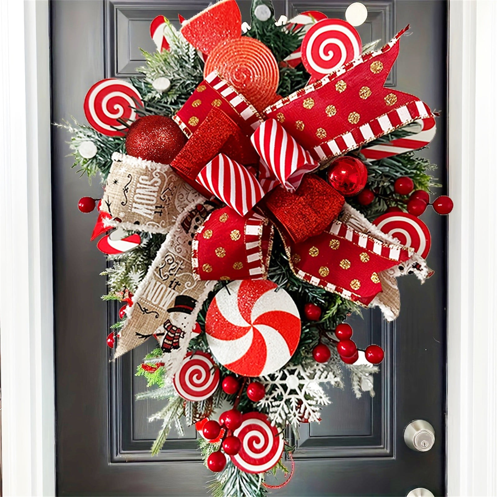Qocolhg Christmas Candy Cane Wreath for Front Door Red White Teardrop ...
