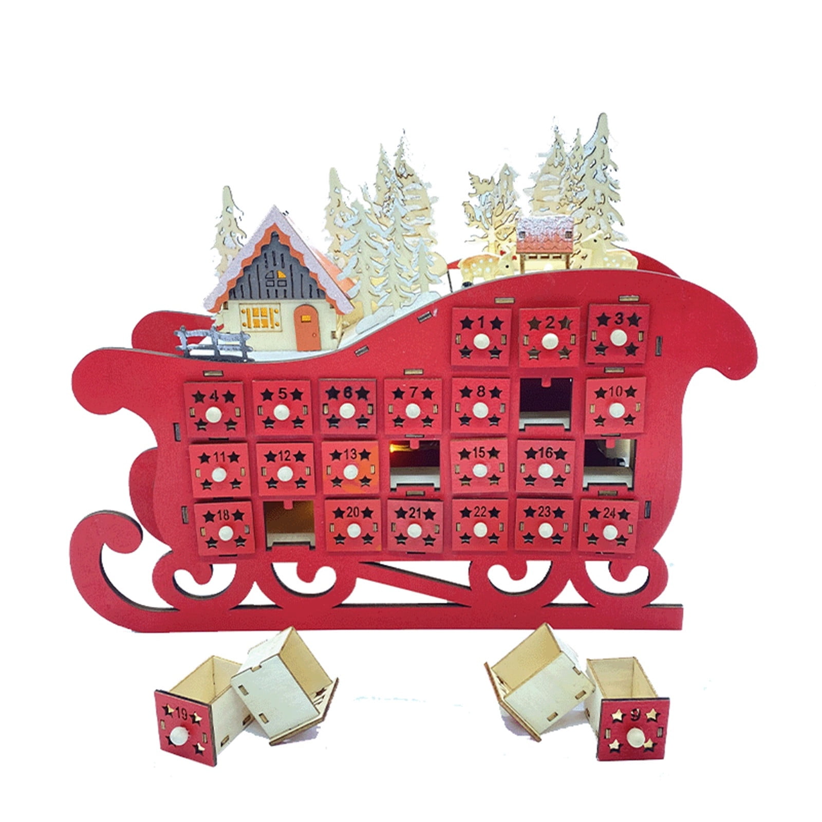 Qocolhg LED Lighted Red Wooden Sleigh Rustic Reusable Advent Calendar ...