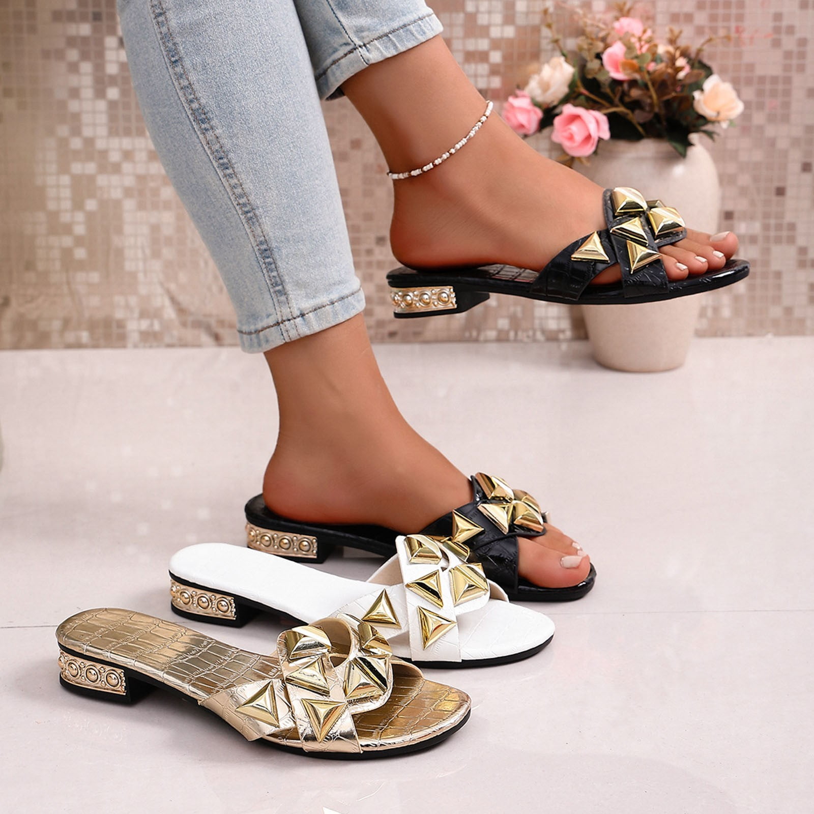 Qodauz Women's Leather Print Slip-On Flat Sandals Fashion Rivet Decor ...