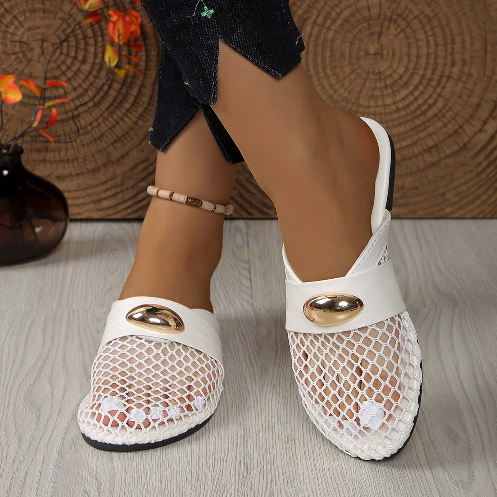 Qodauz Women's Mesh Slides Sandals with Block Heel and Round Toe and ...