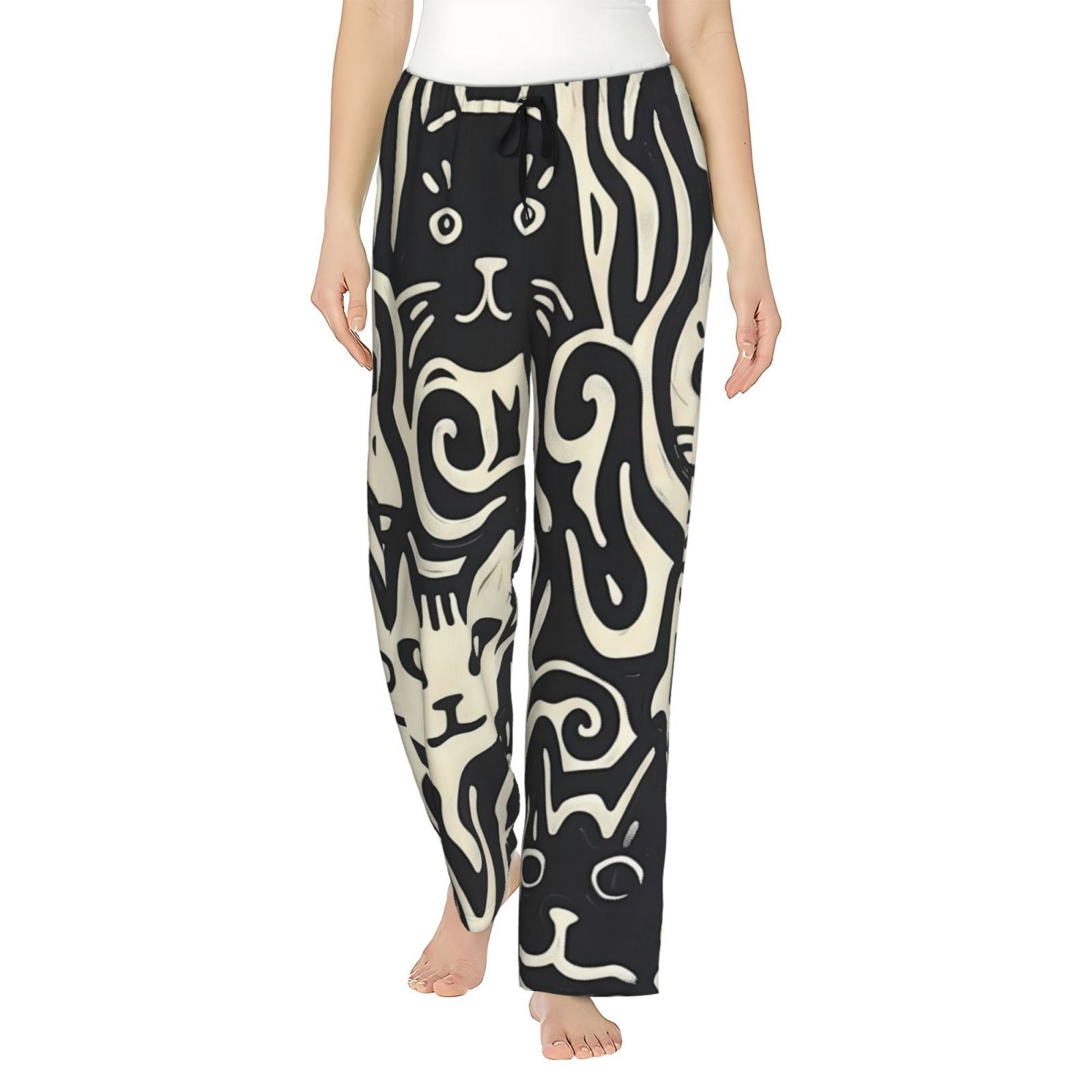Qokaie Abstract Cat Faces Pattern Drawing Silky Soft Women Pajama Pants ...