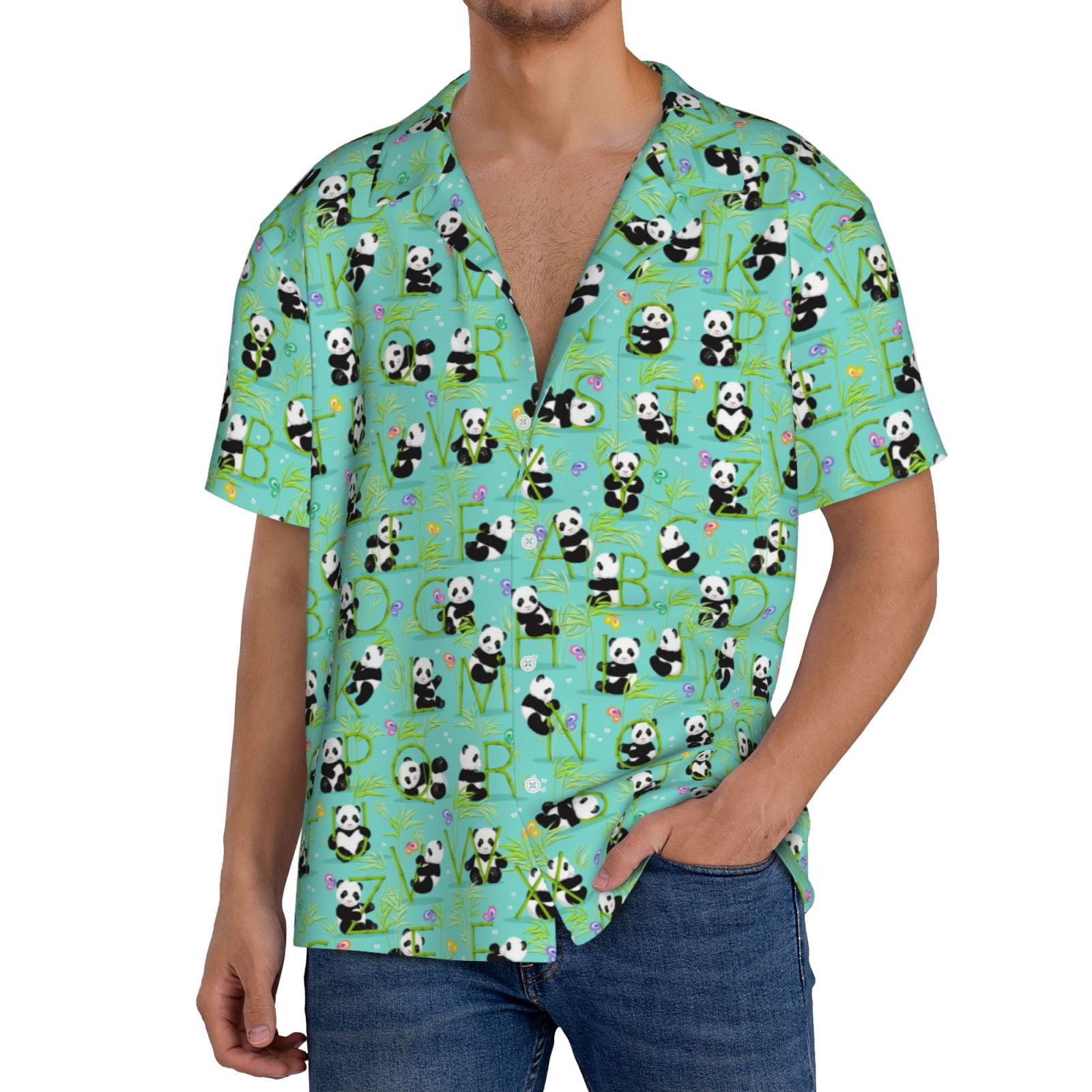 Qokaie Alphabet And Panda Print Mens Casual Wrinkle Free Shirts Short ...