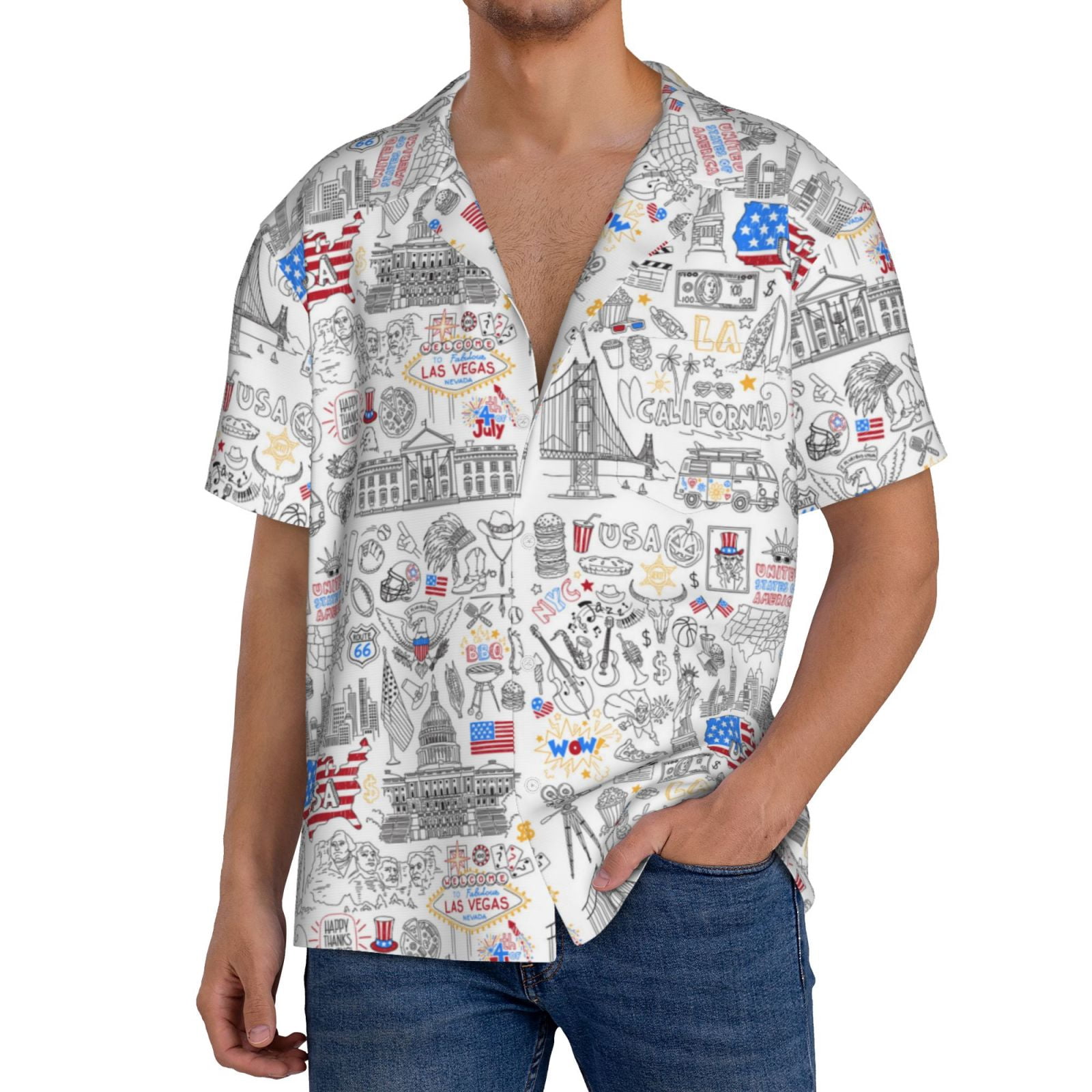 Qokaie America Landmarks2 Print Mens Casual Wrinkle Free Shirts Short ...