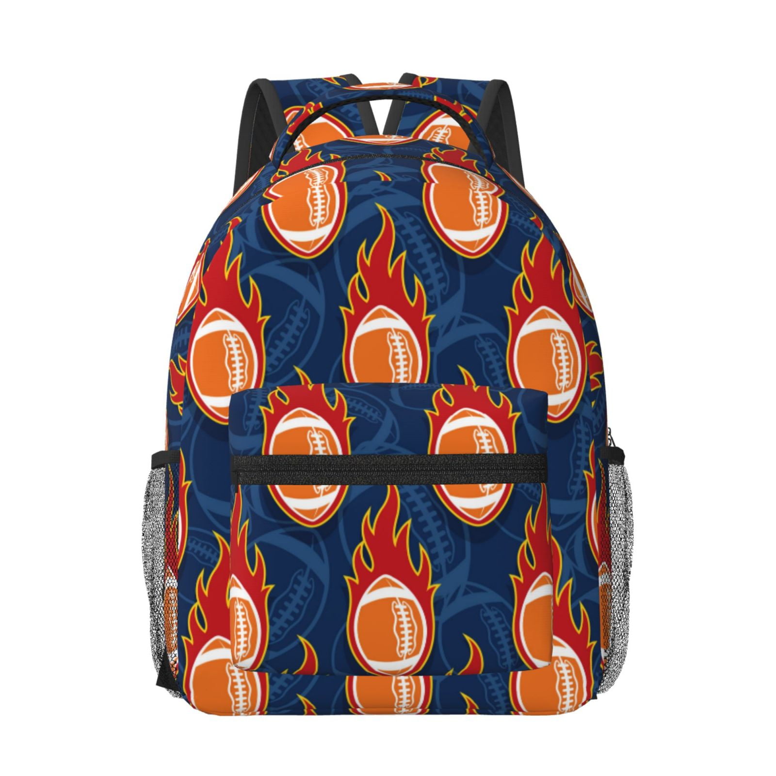 Qokaie American Football and Fire Flames Style School Backpack Travel ...