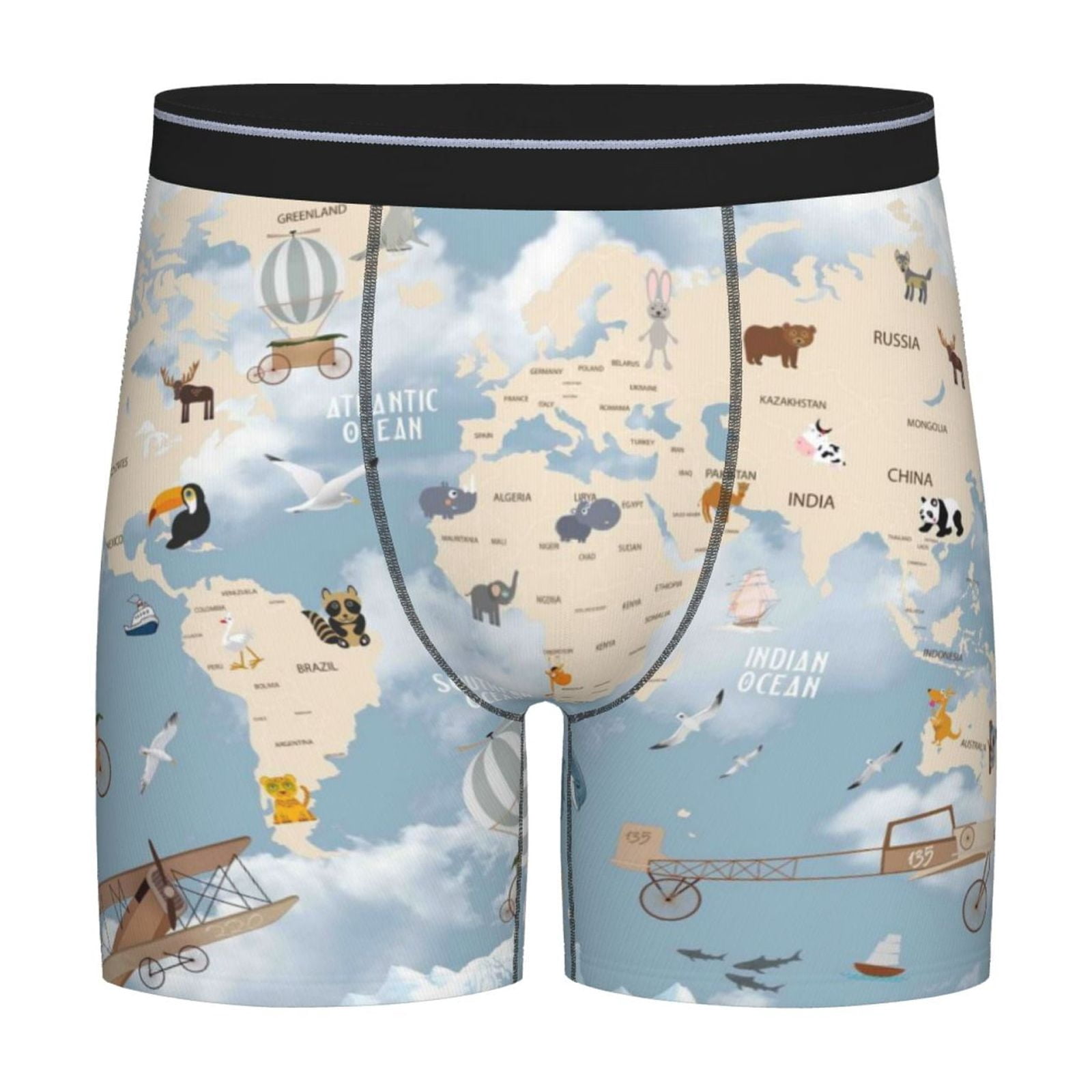 Qokaie Animals Travel World Map for Men's Cotton Briefs Underwear, Long ...