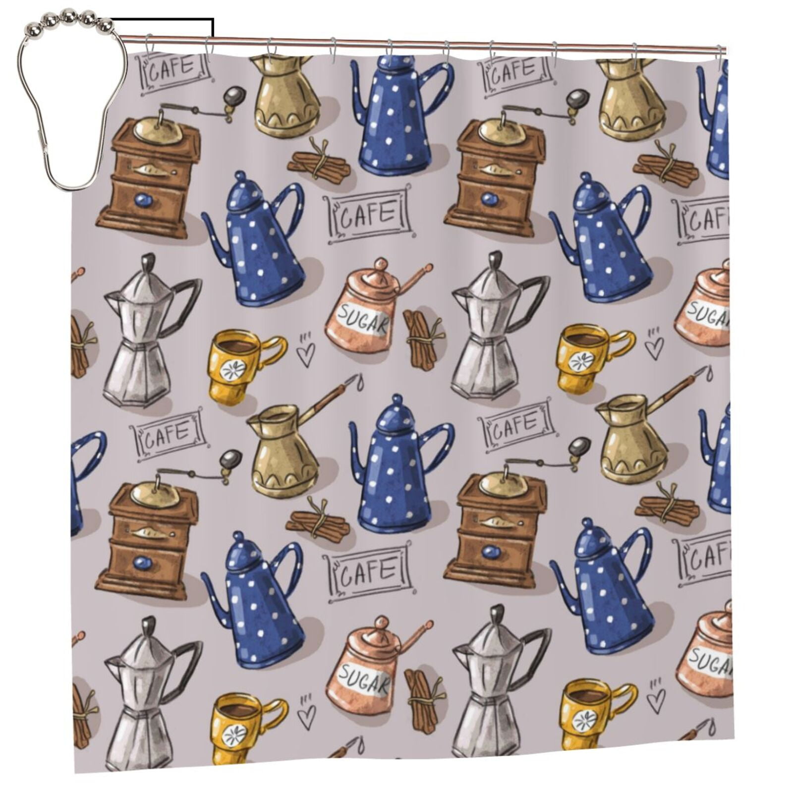 Qokaie Antique Vintage Teapot Coffee Grinder Pattern Shower Curtain ...