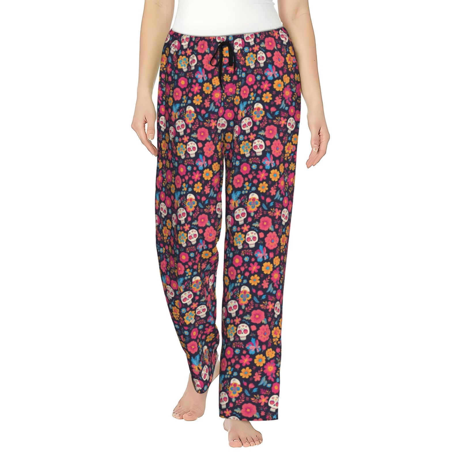 Qokaie Apricot color Skull flower Drawing Silky Soft Women Pajama Pants ...
