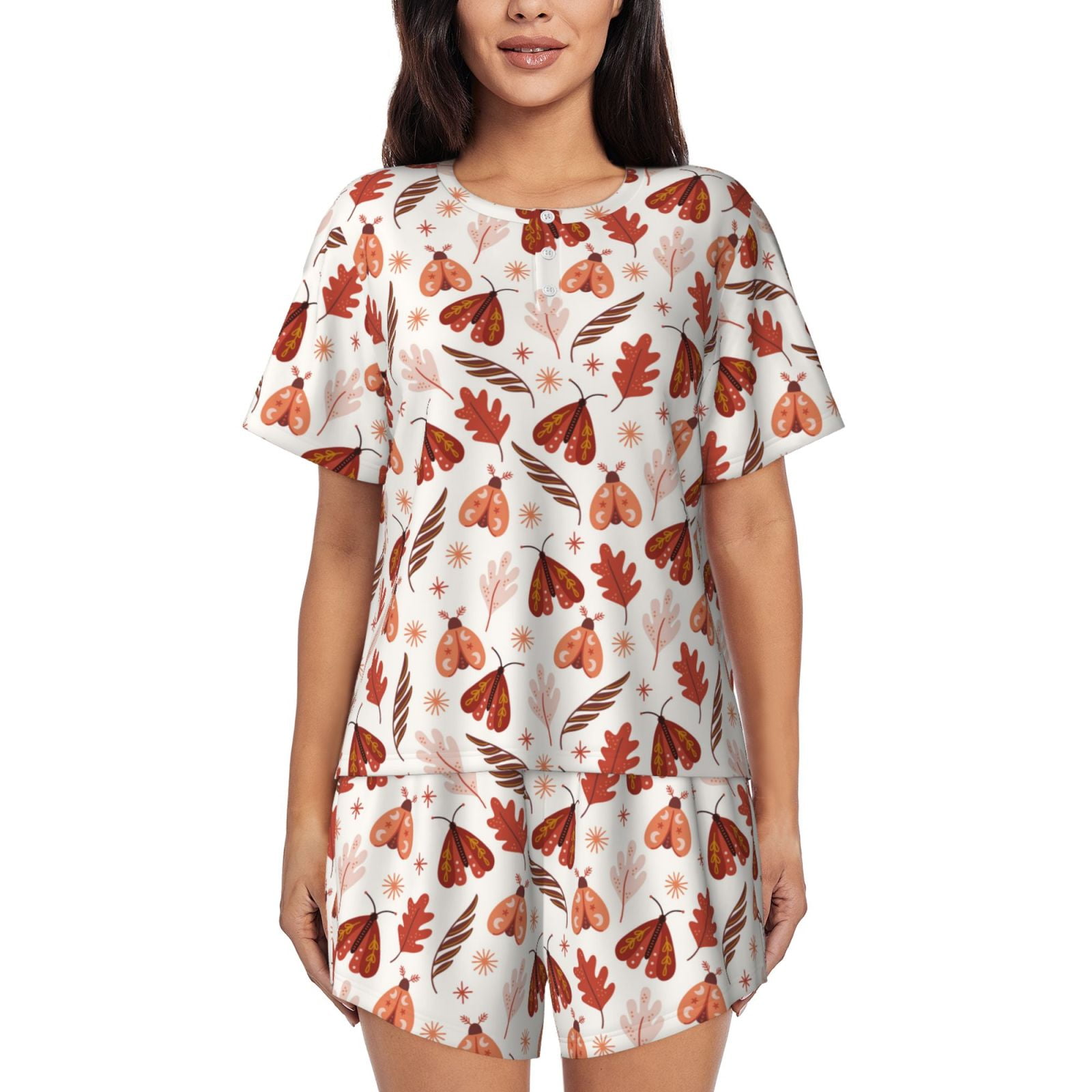 Qokaie Autumn Brown Butterfly Pattern Pajamas Sets for Women Soft Short ...