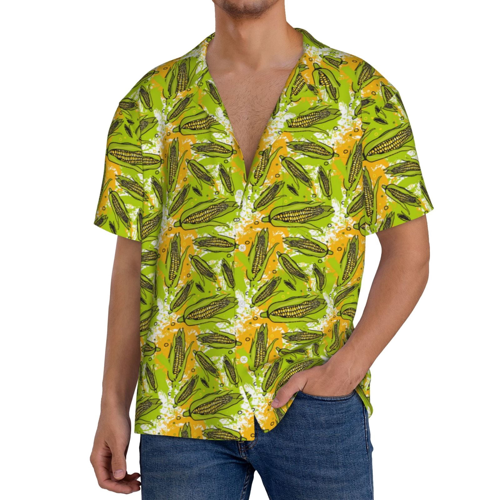 Qokaie Autumn Harvest Cartoon Corn Print Mens Casual Wrinkle Free ...