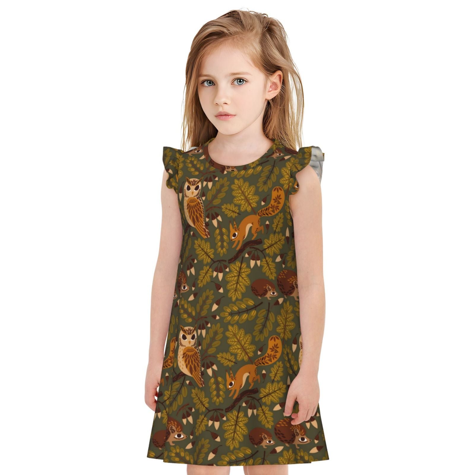Qokaie Autumn Leaves Owl Squirrel Print Girls Nightgowns, Nightgown Princess Pajama Dresses for ...