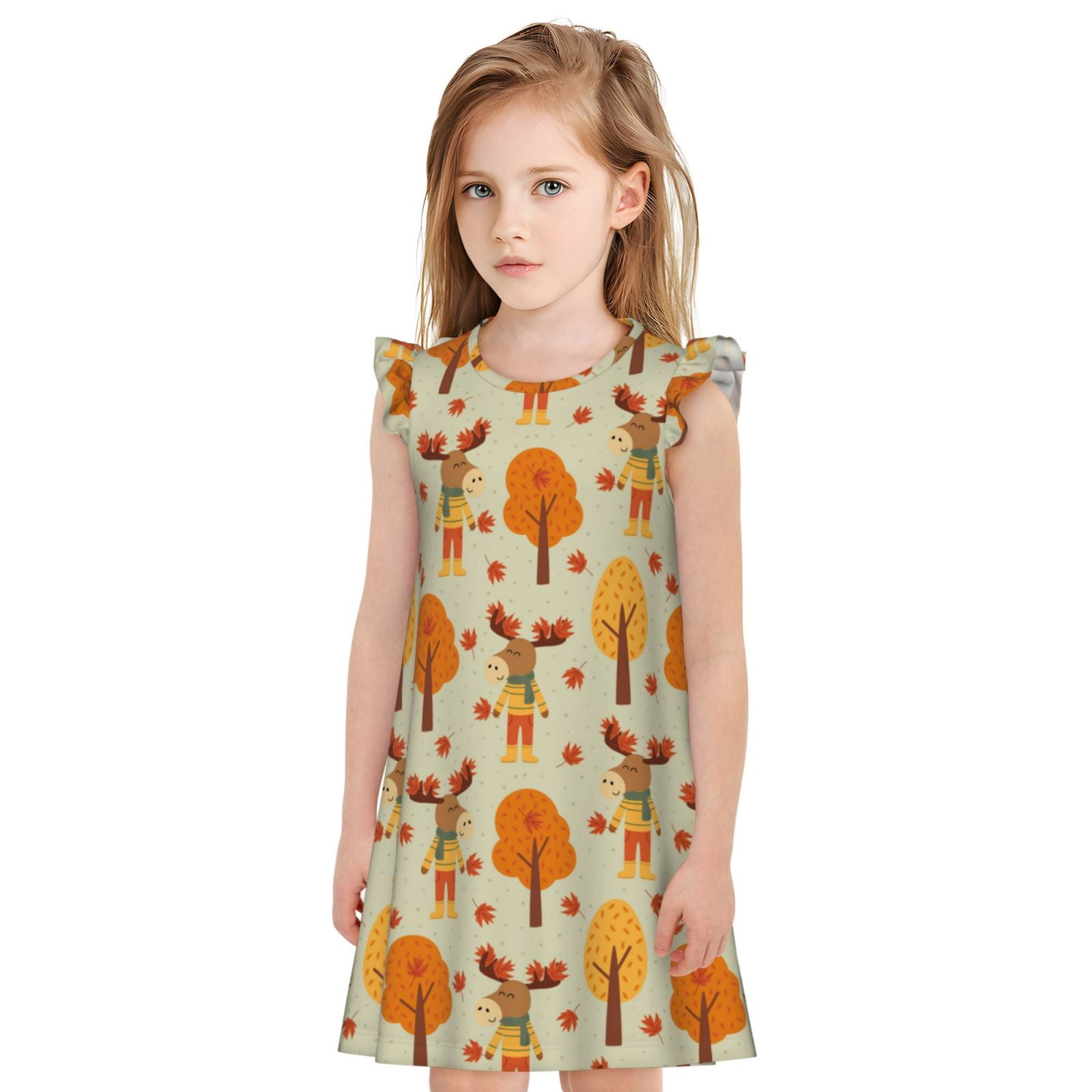 Qokaie Autumn Maple Leaf and Deer Print Girls Nightgowns, Nightgown Princess Pajama Dresses for ...