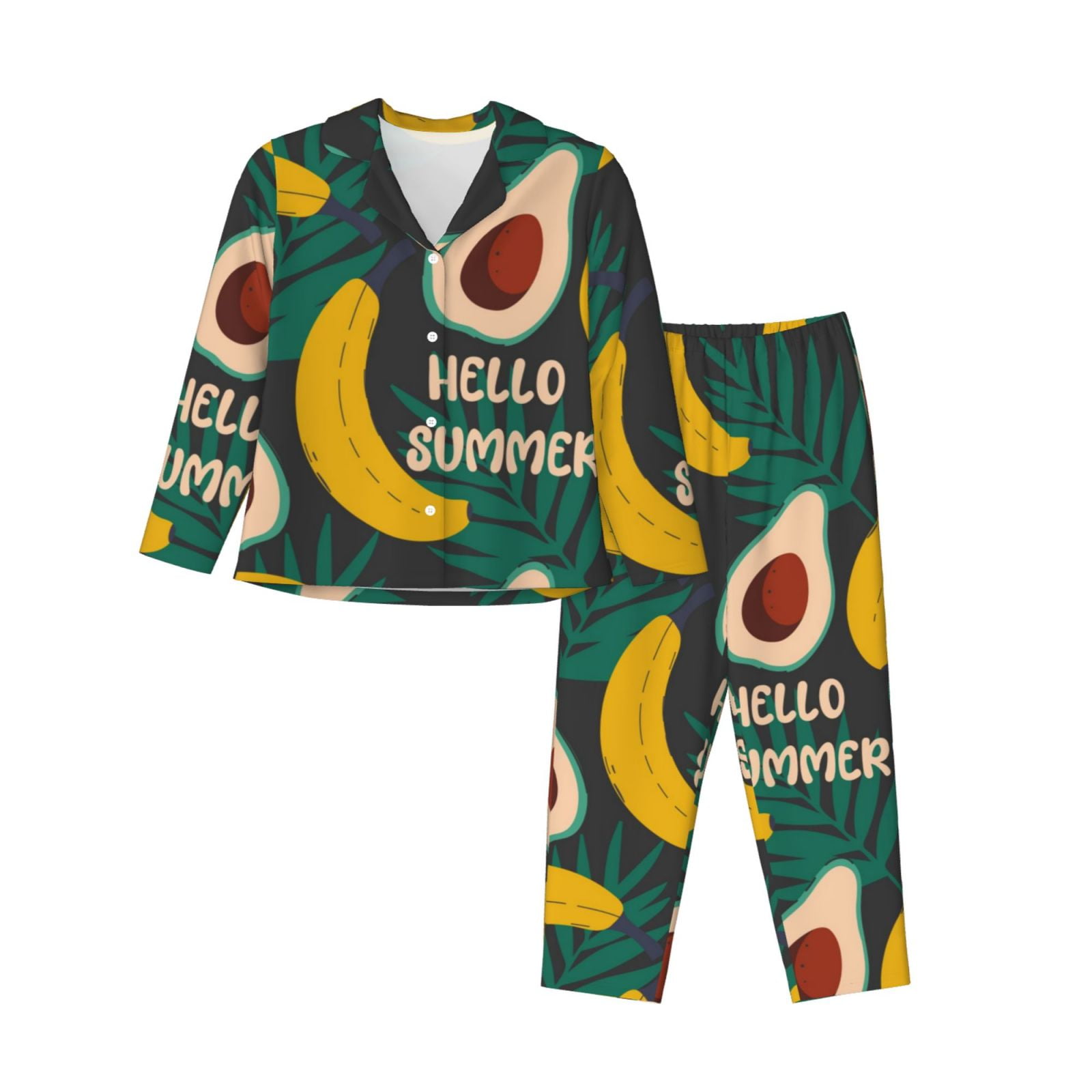 Qokaie Banana And Avocado Print Womens Pajama Set, 2 Piece Soft Long ...
