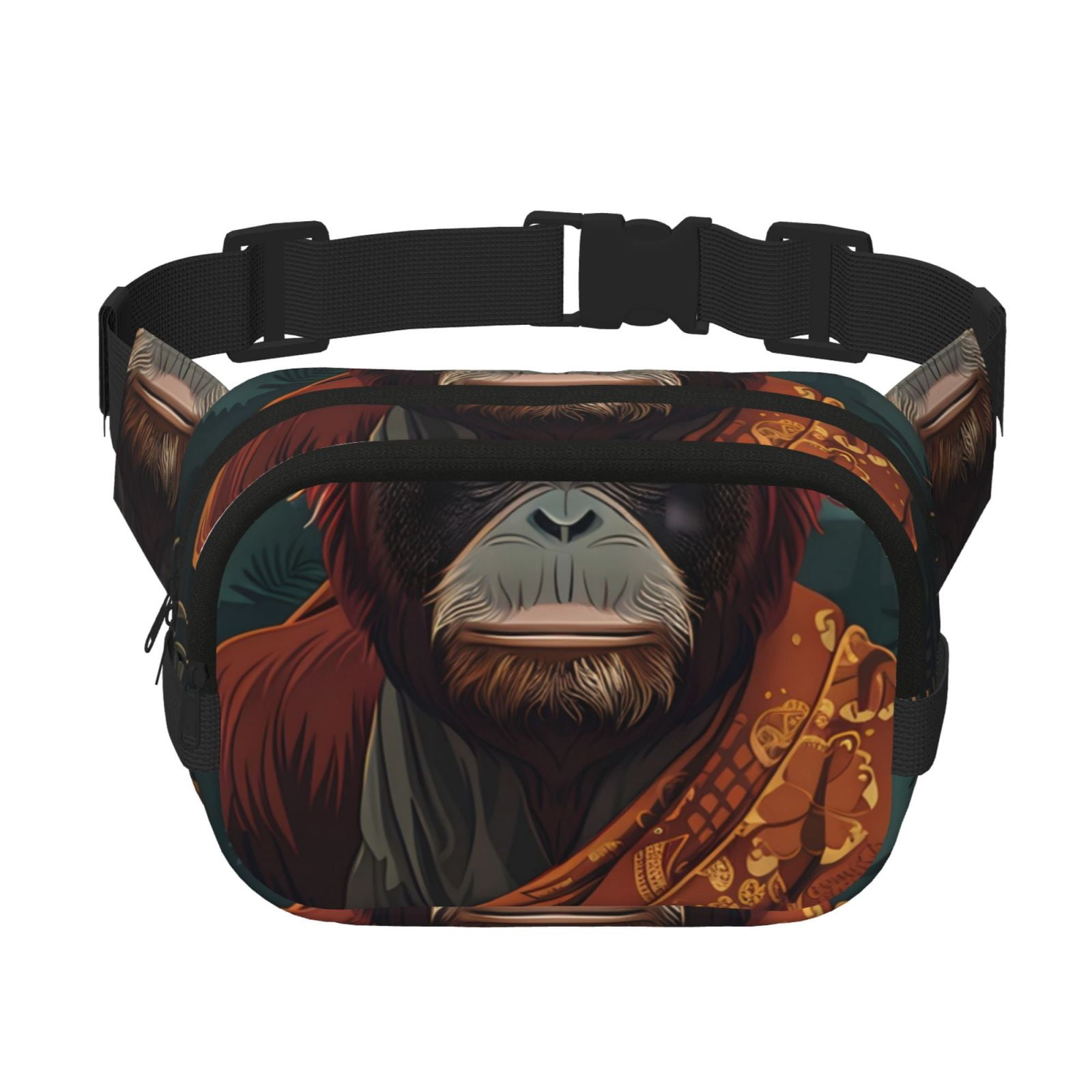 Qokaie Banana Leaf Meditating Gorilla Pattern Waist Bag, Double Layer ...