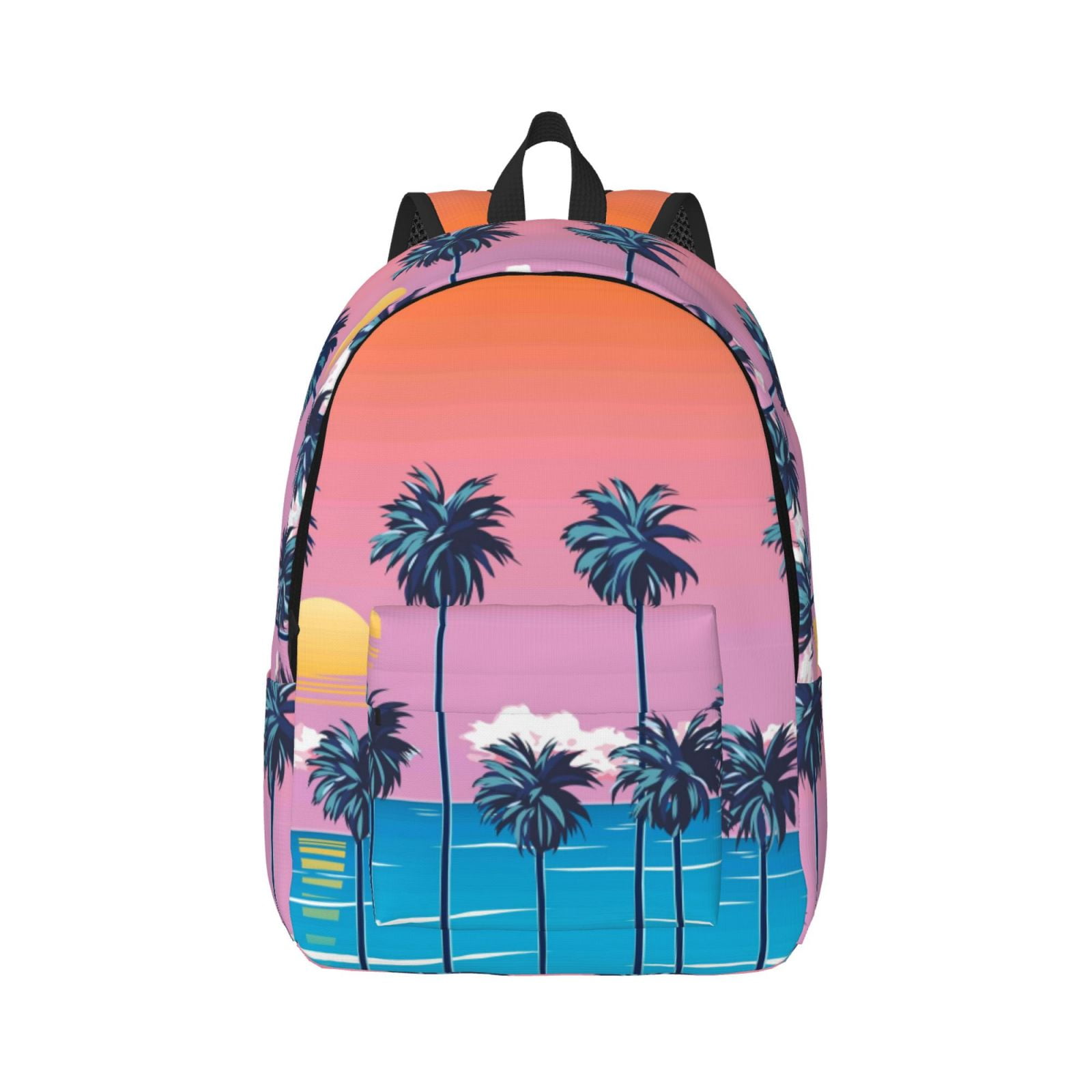 Qokaie Beach with Palm Trees Pattern Canvas Backpack Travel Daypack ...