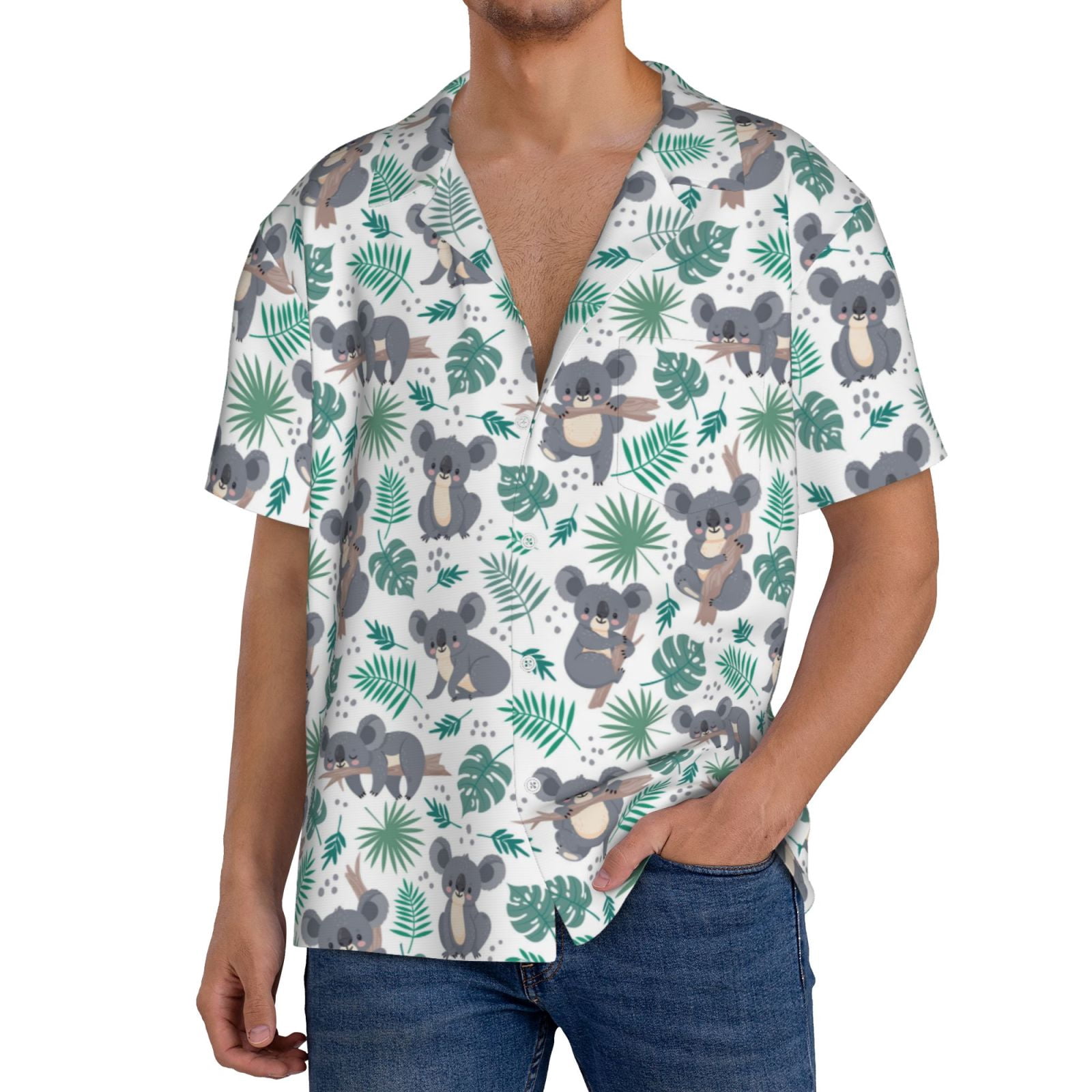 Qokaie Bears and Tropical Leaves Print Mens Casual Wrinkle Free Shirts ...