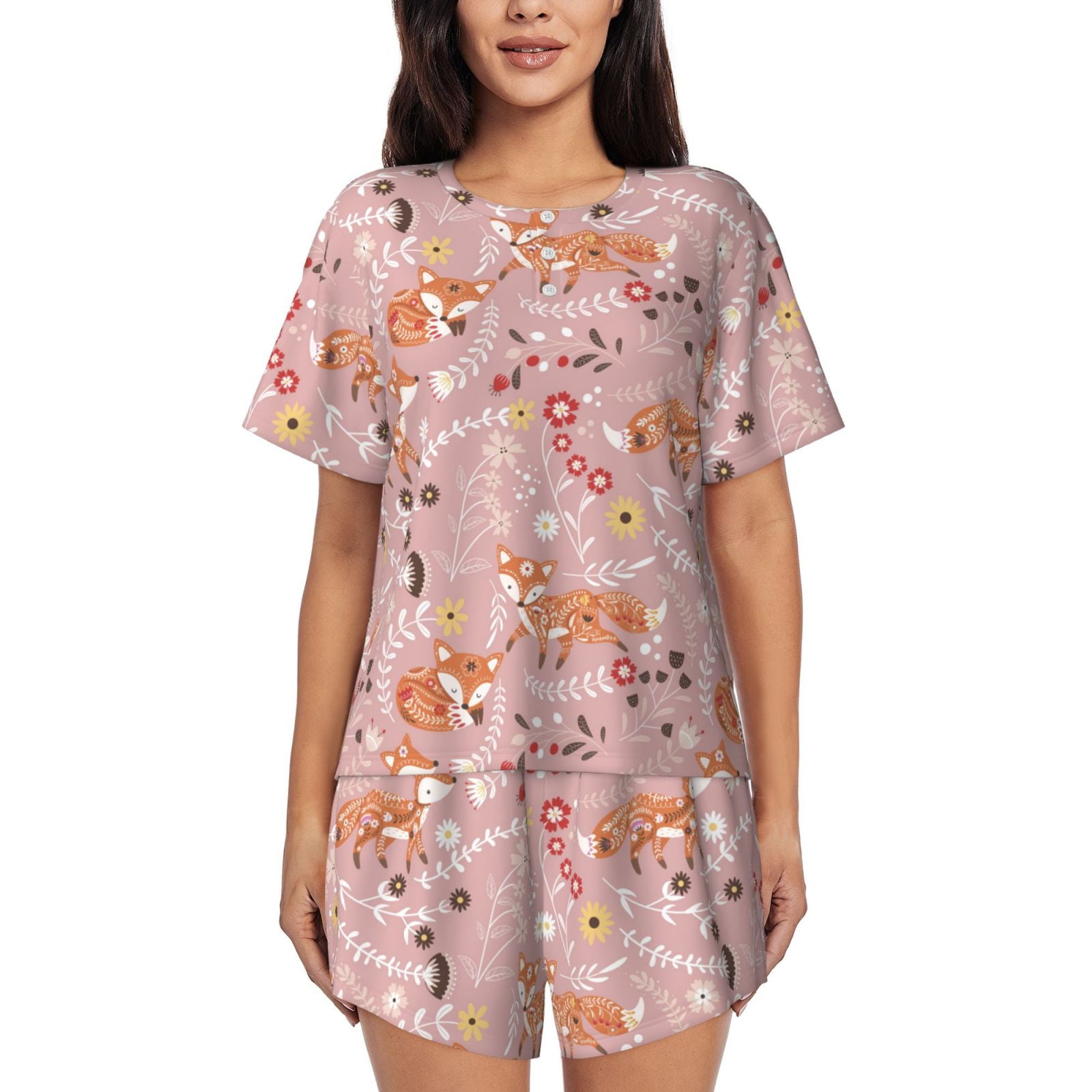 Qokaie Beautiful Fox Pattern Pajamas Sets for Women Soft Short-Sleeved ...