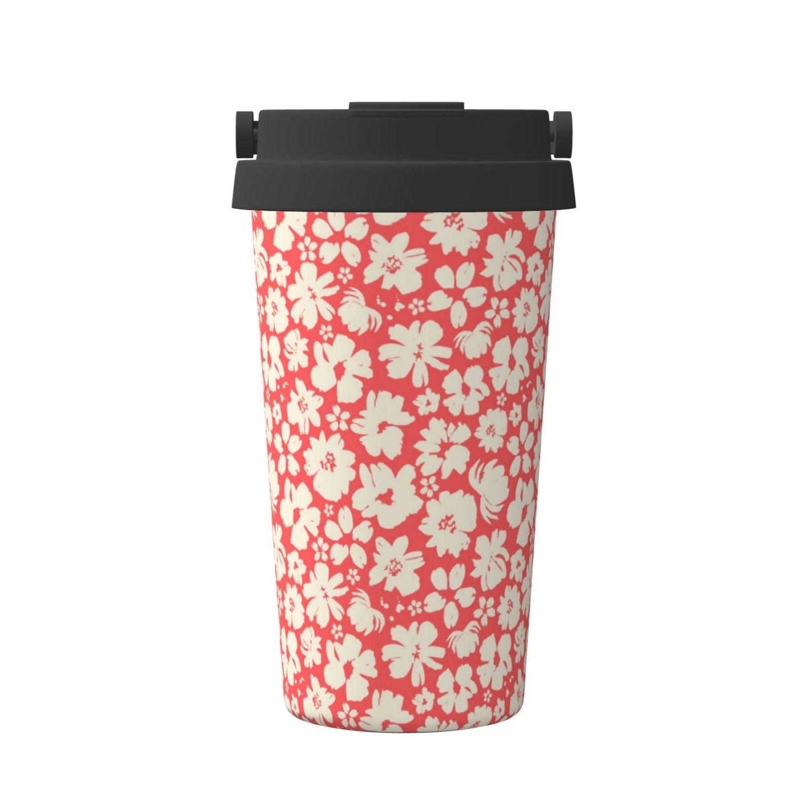 Qokaie Beige Flowers Pattern Insulated Coffee Mug, Stainless Steel ...