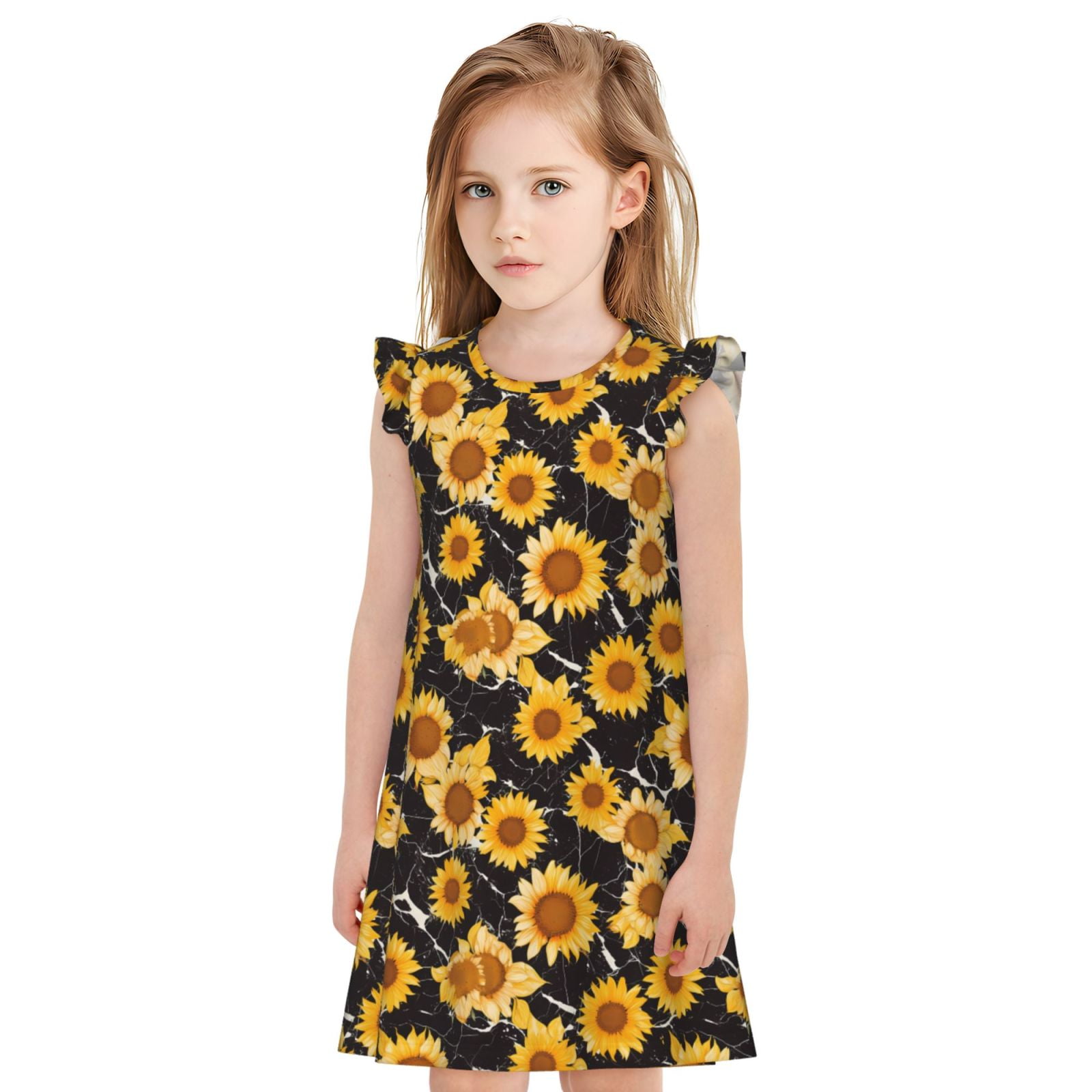 Qokaie Black Marble Pattern Sunflower Print Girls Nightgowns, Nightgown ...