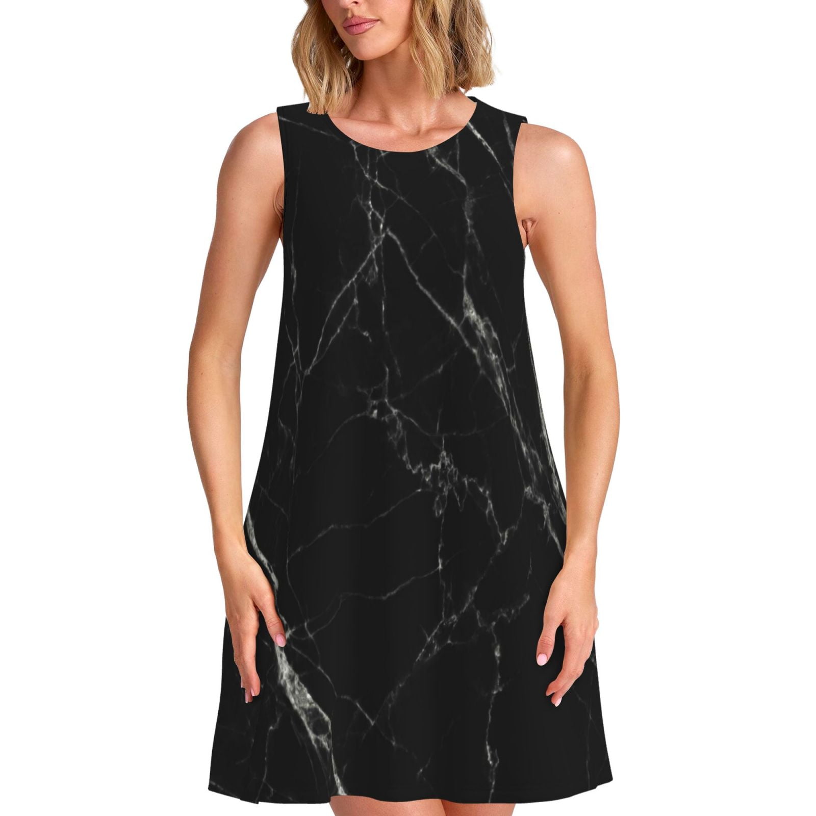 Qokaie Black Marble Texture Abstract Print Women’s Sleeveless Sundress ...