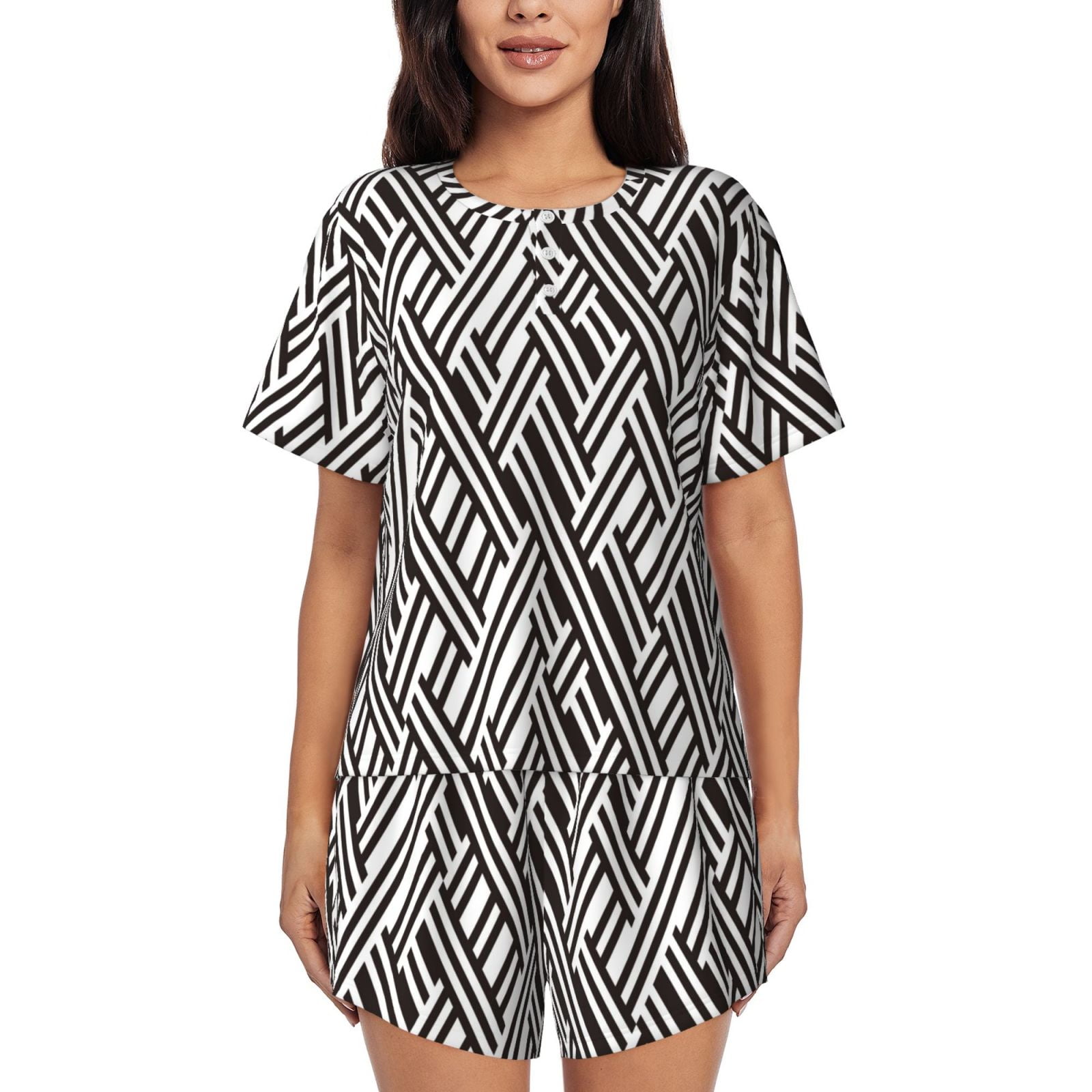 Qokaie Black White Stripes Pattern Pajamas Sets for Women Soft Short ...