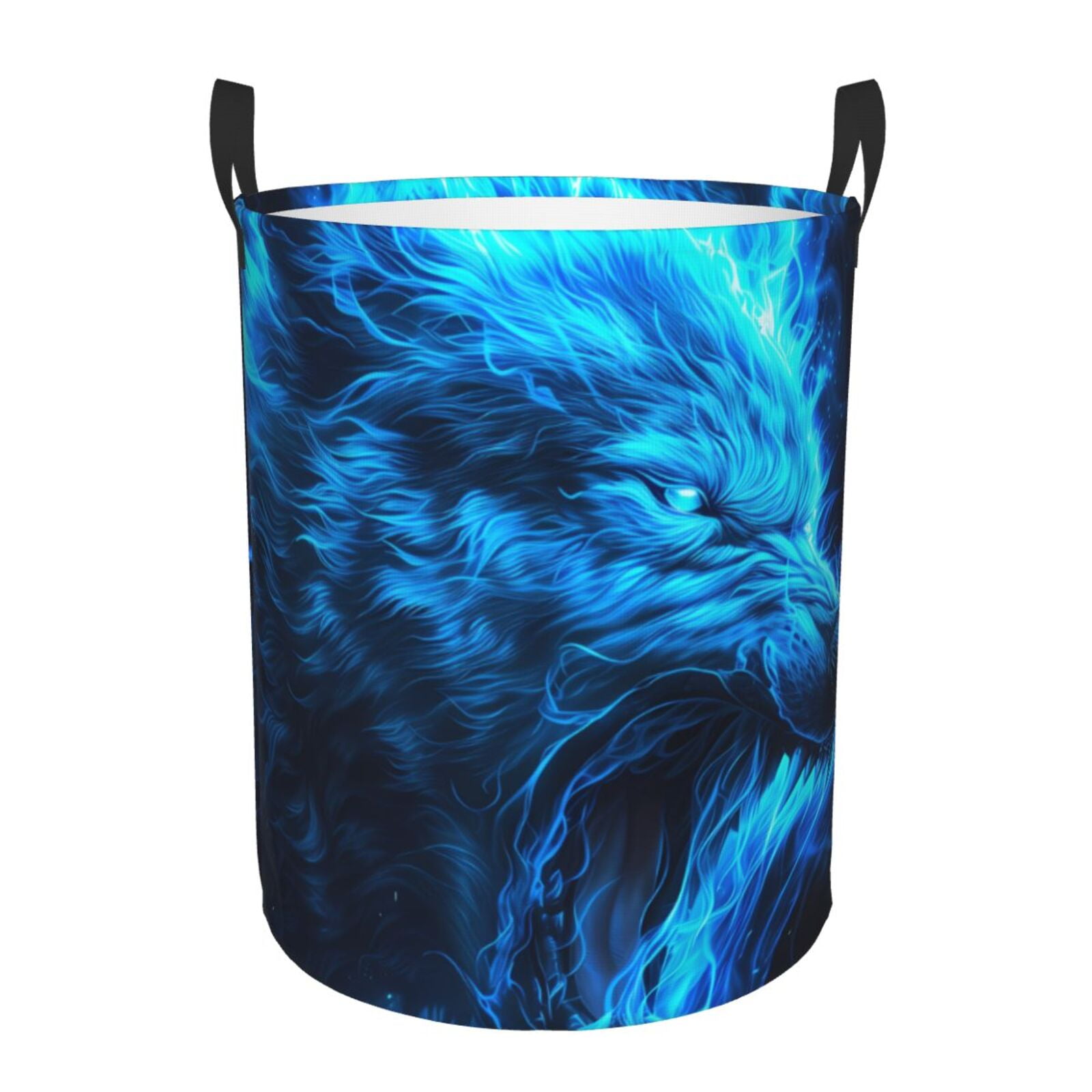 Qokaie Blue Fire Wolf Print Round Large Laundry Hamper, Tall Laundry ...