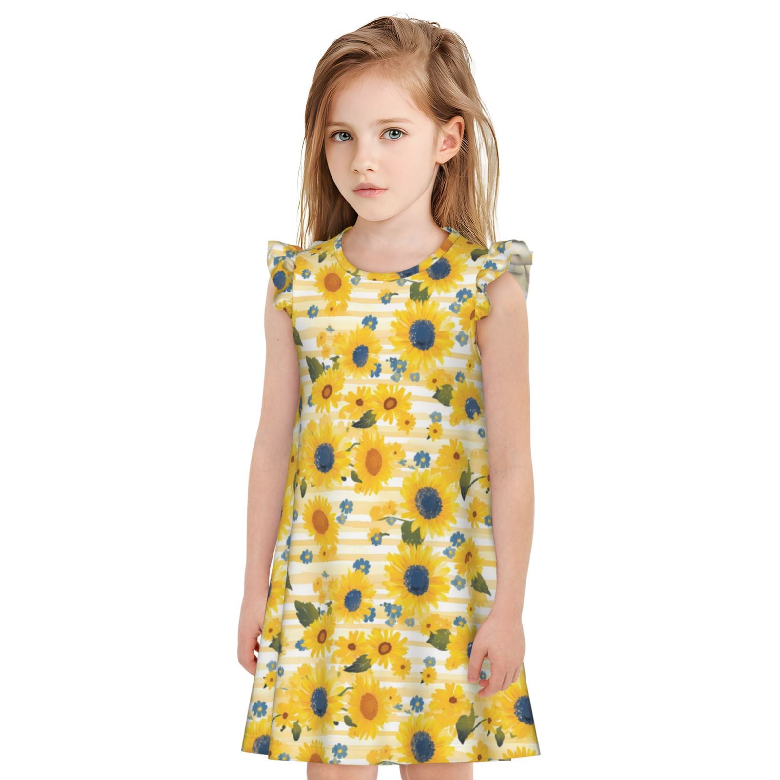Qokaie Blue Floral Sunflower Print Girls Nightgowns, Nightgown Princess ...