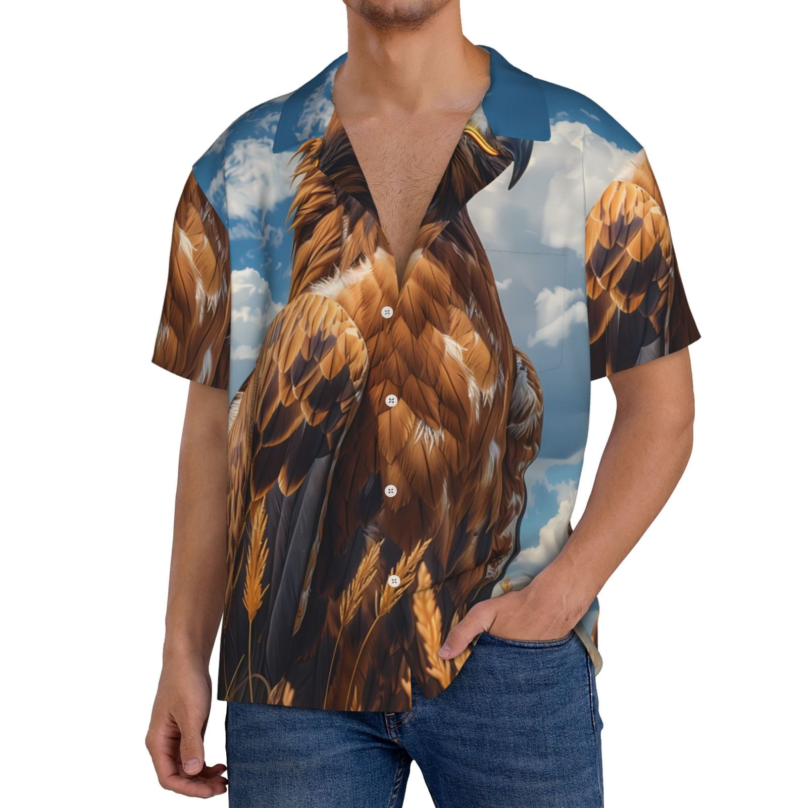 Qokaie Blue Sky White Cloud Eagle Print Mens Casual Wrinkle Free Shirts ...