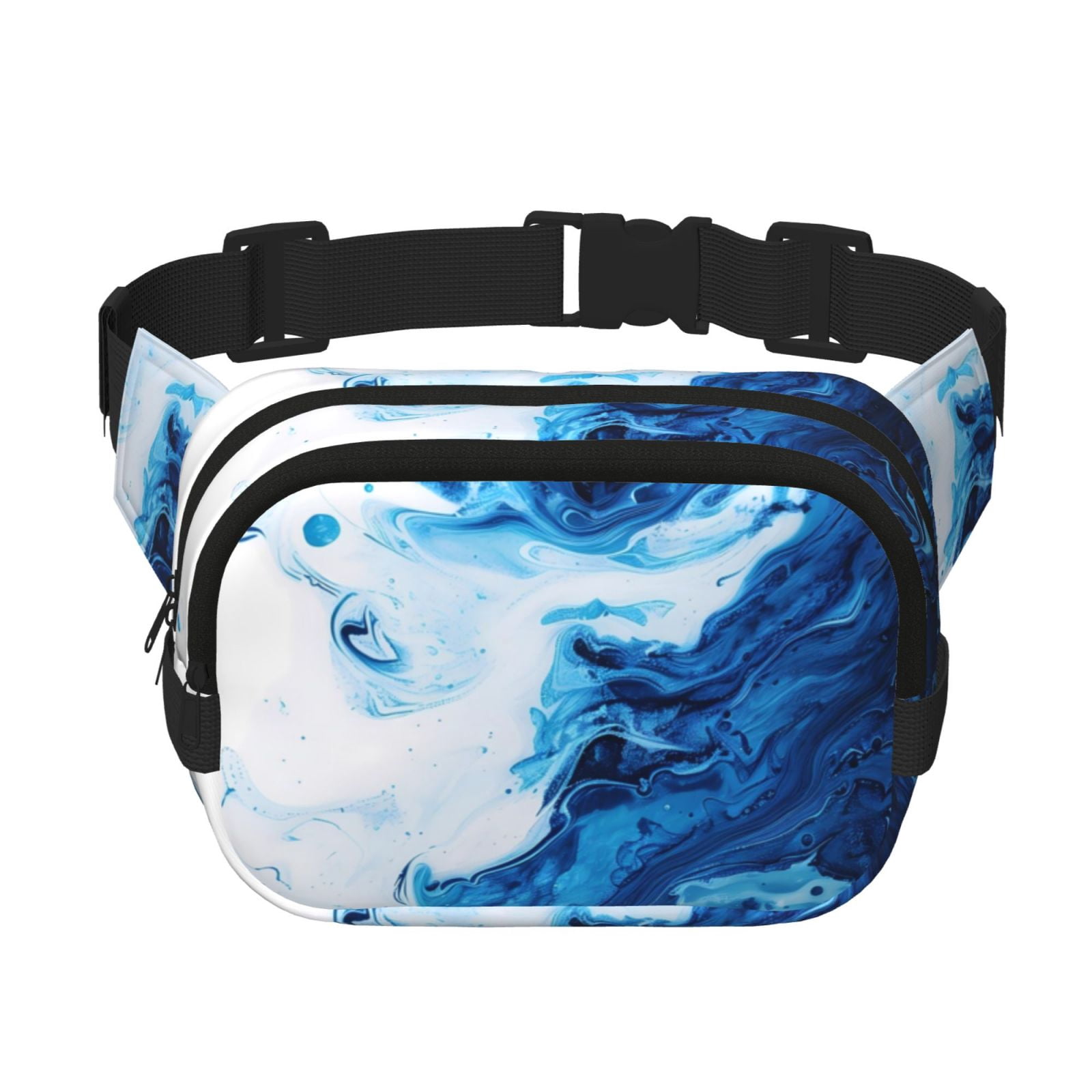 Qokaie Blue White Fluid Art Pattern Waist Bag, Double Layer Waist Pack ...