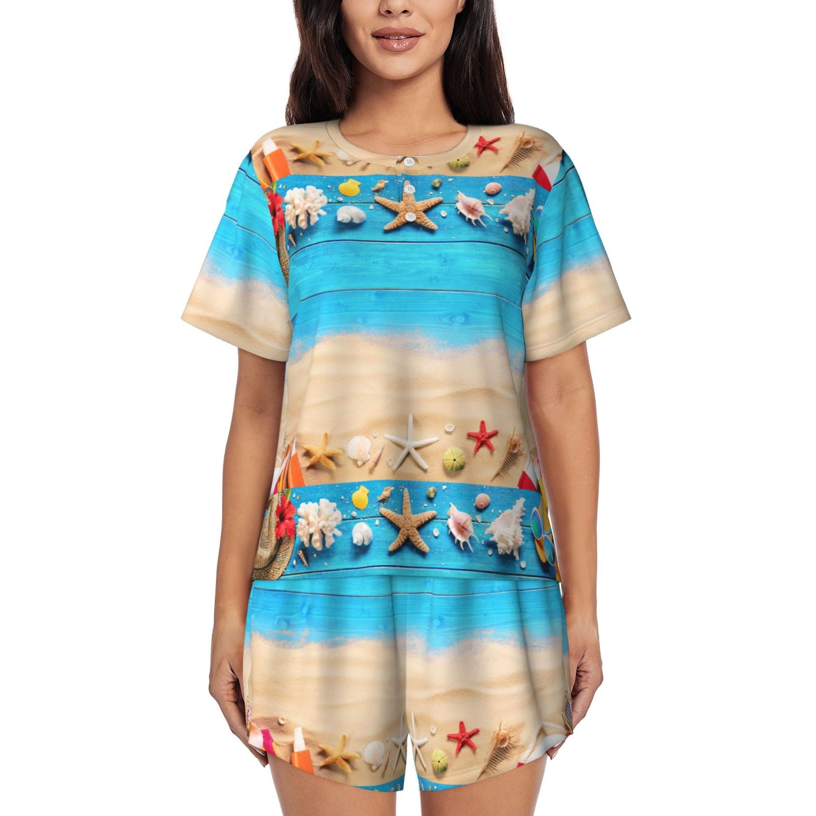 Qokaie Boards and Beach Pattern Pajamas Sets for Women Soft Short ...