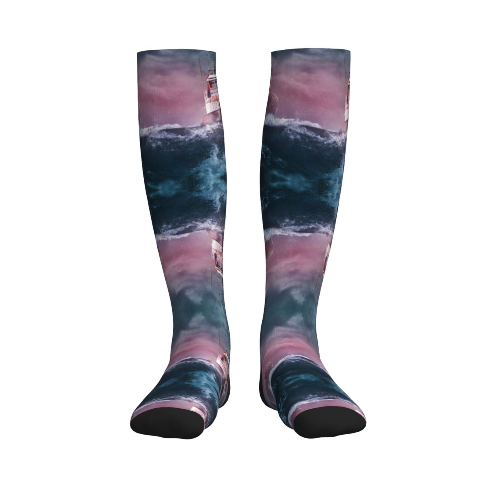 Qokaie Boat Lighthouse Storm Waves Drawing Sports Compression Socks ...