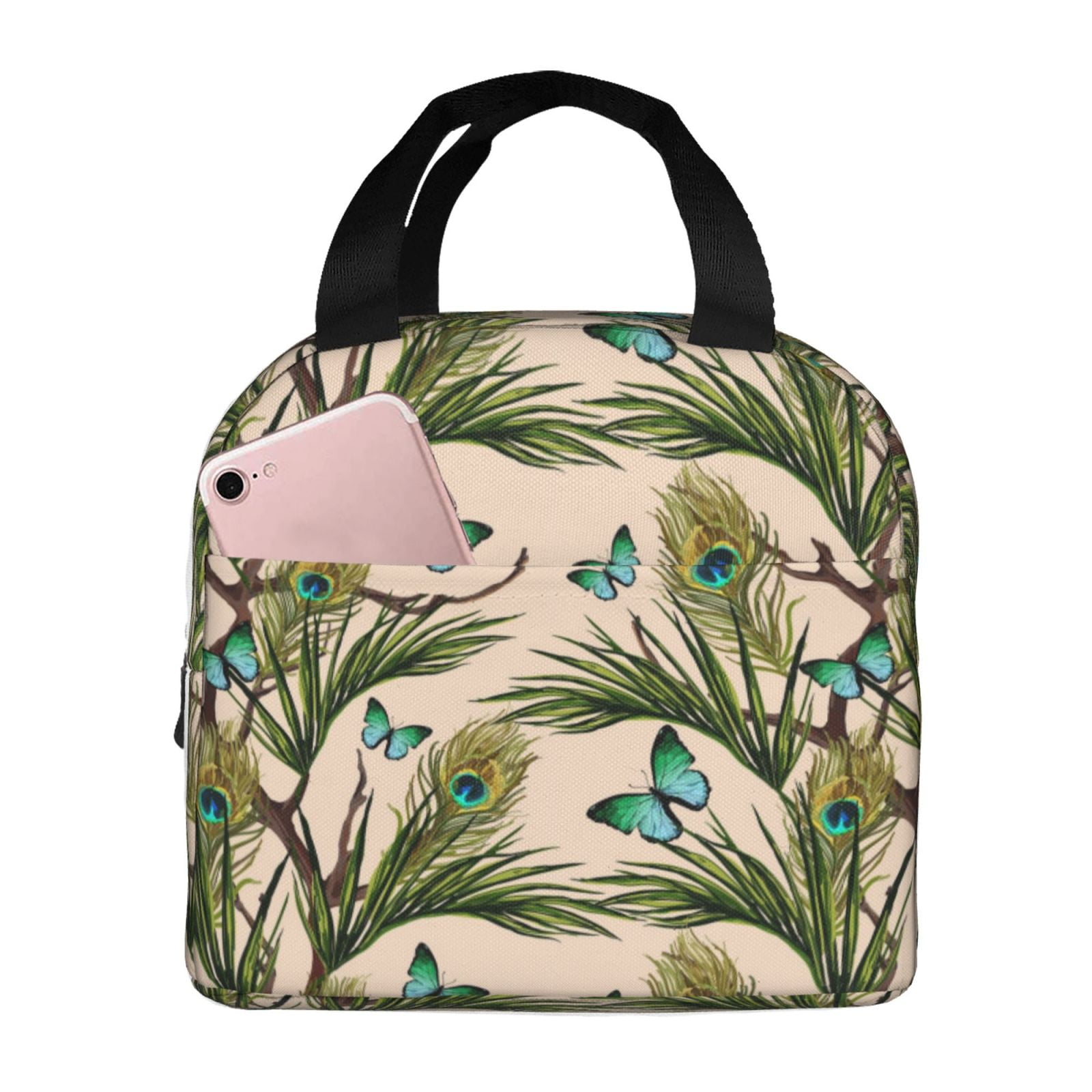 Qokaie Butterflies And Peacock Feathers Printed Large Insulated Lunch ...