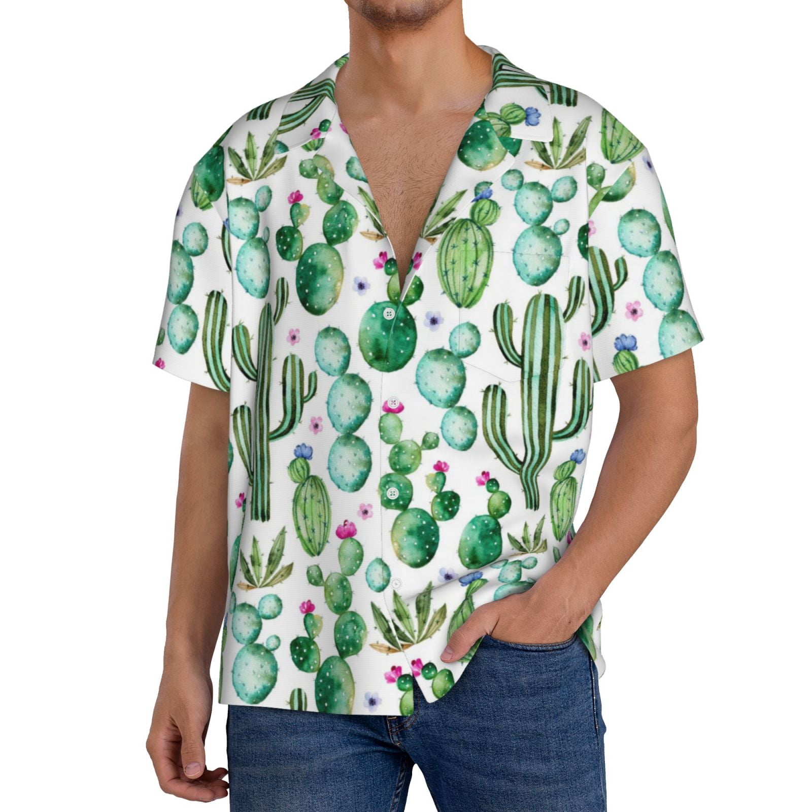 Qokaie Cactus Plants1 Men's Shirts Casual Short Sleeve Button Down ...
