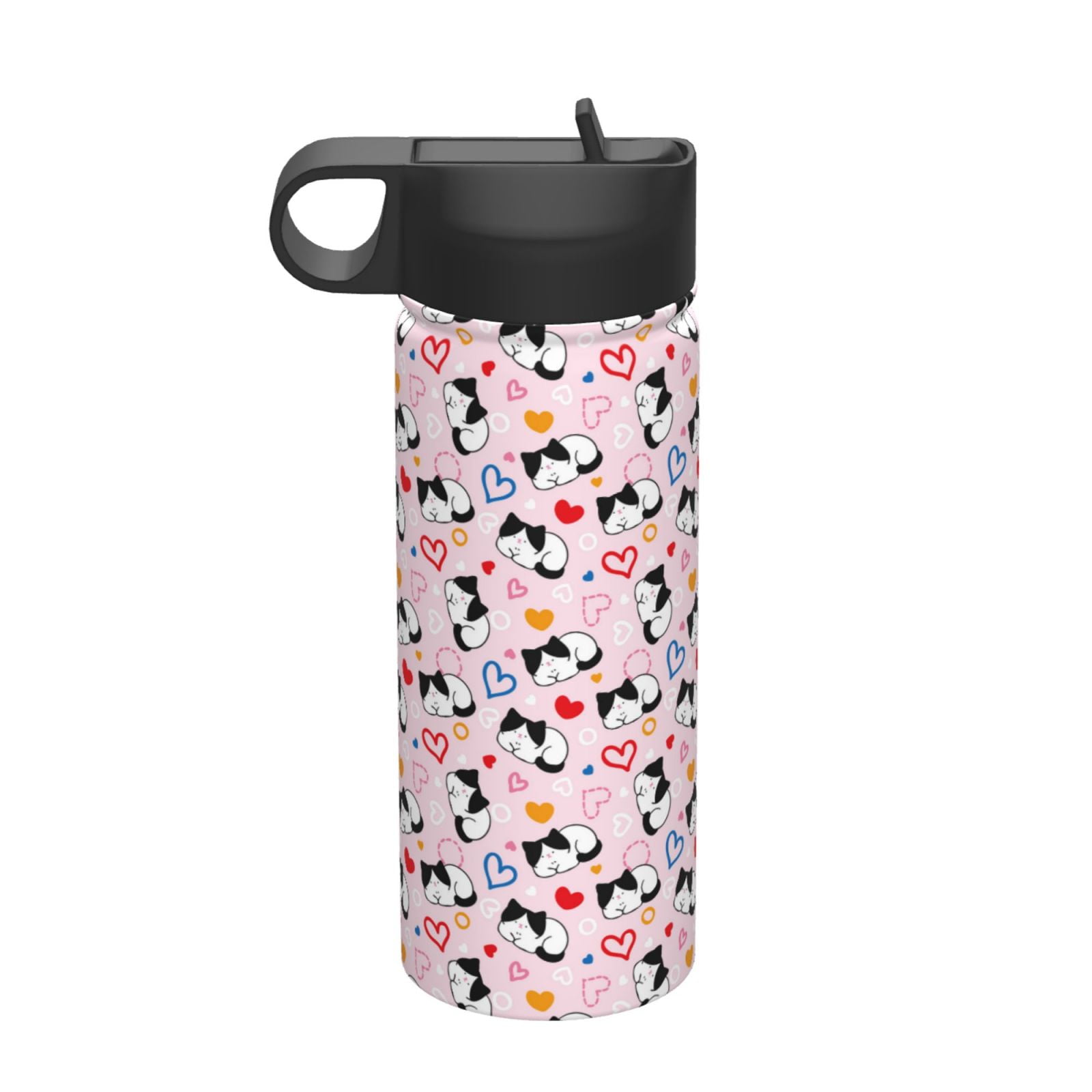 Qokaie Cartoon Cat And Heart Pattern 18oz Insulated Water Bottle ...