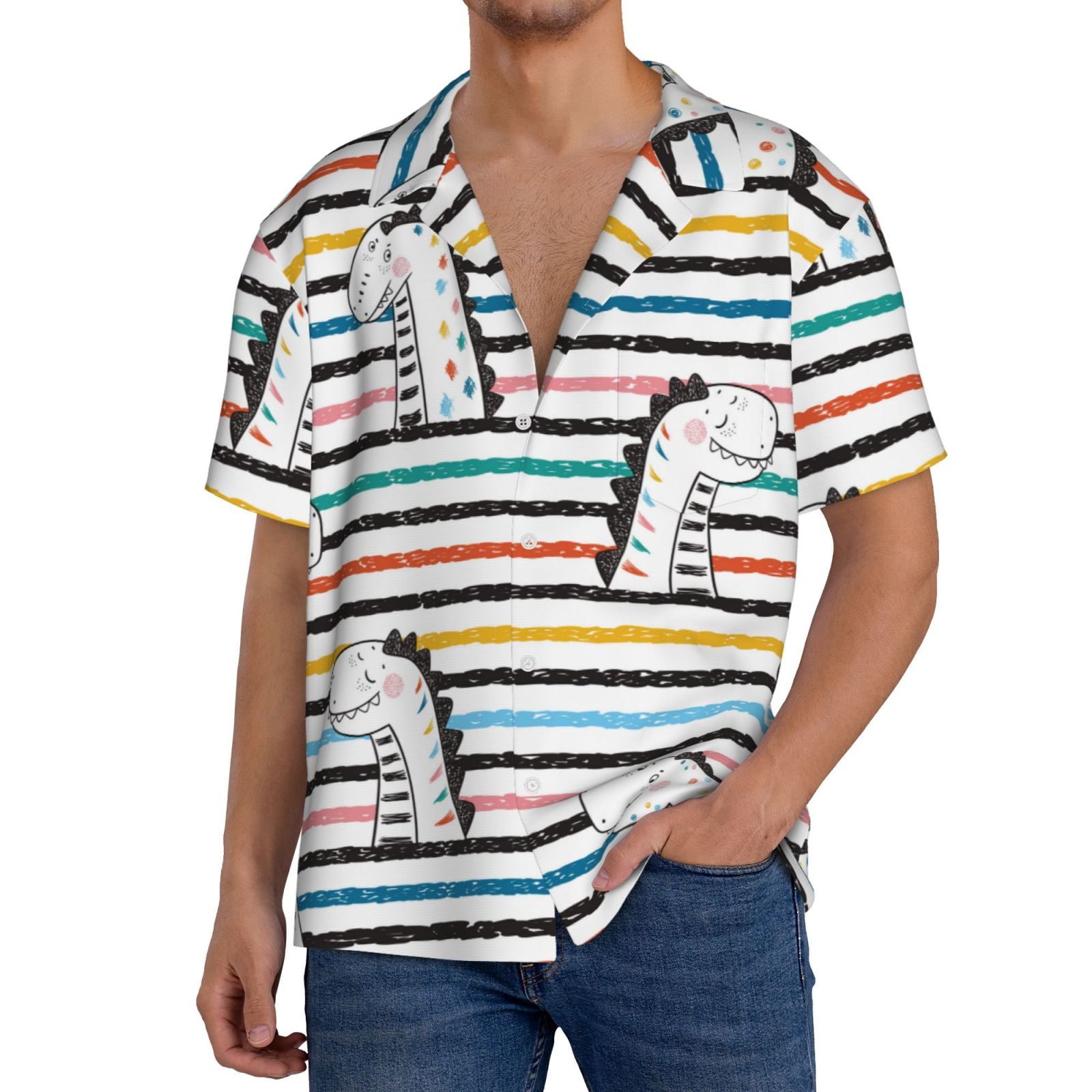 Qokaie Cartoon Dinosaurs Print Mens Casual Wrinkle Free Shirts Short ...