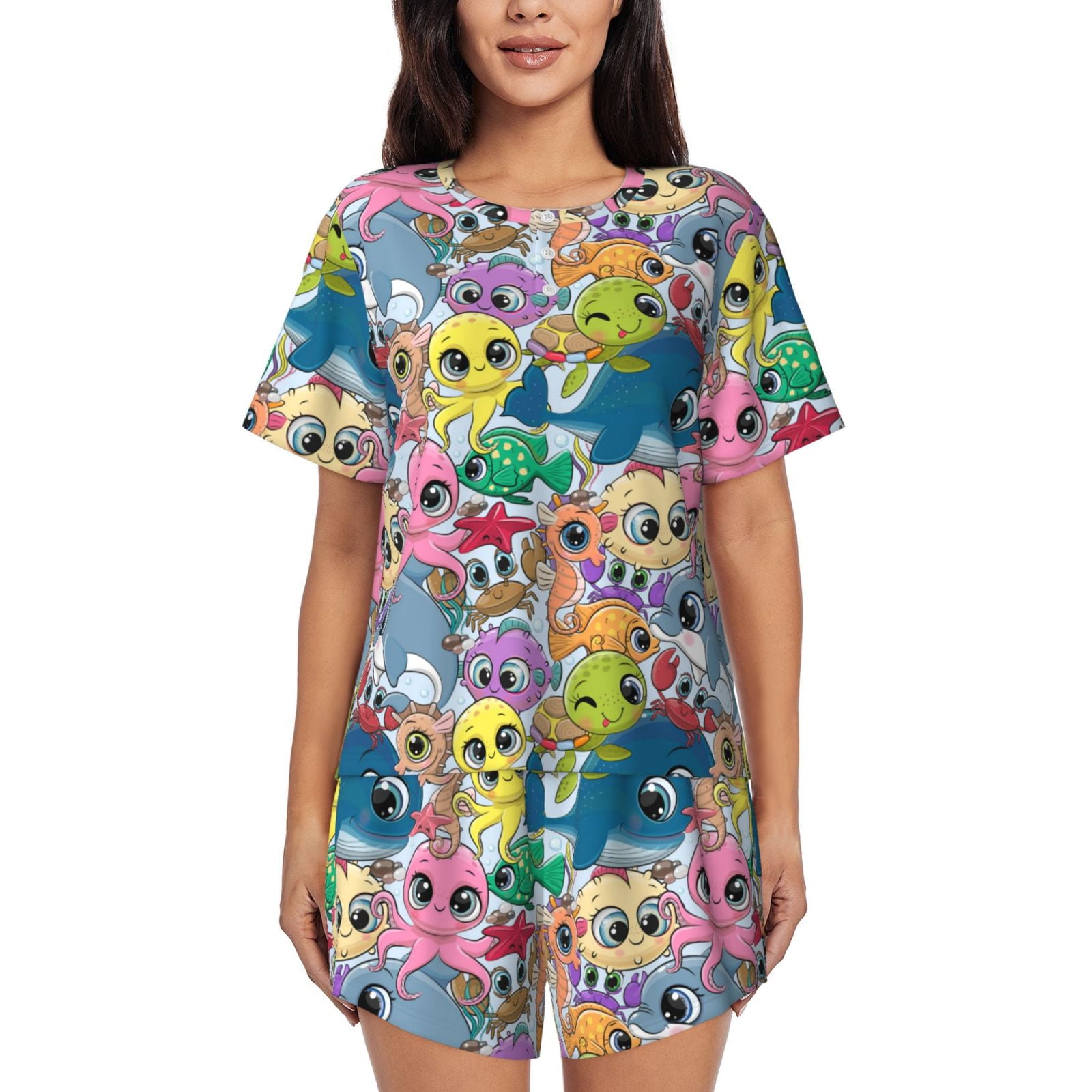 Qokaie Cartoon Marine Animals Pattern Pajamas Sets for Women Soft Short ...