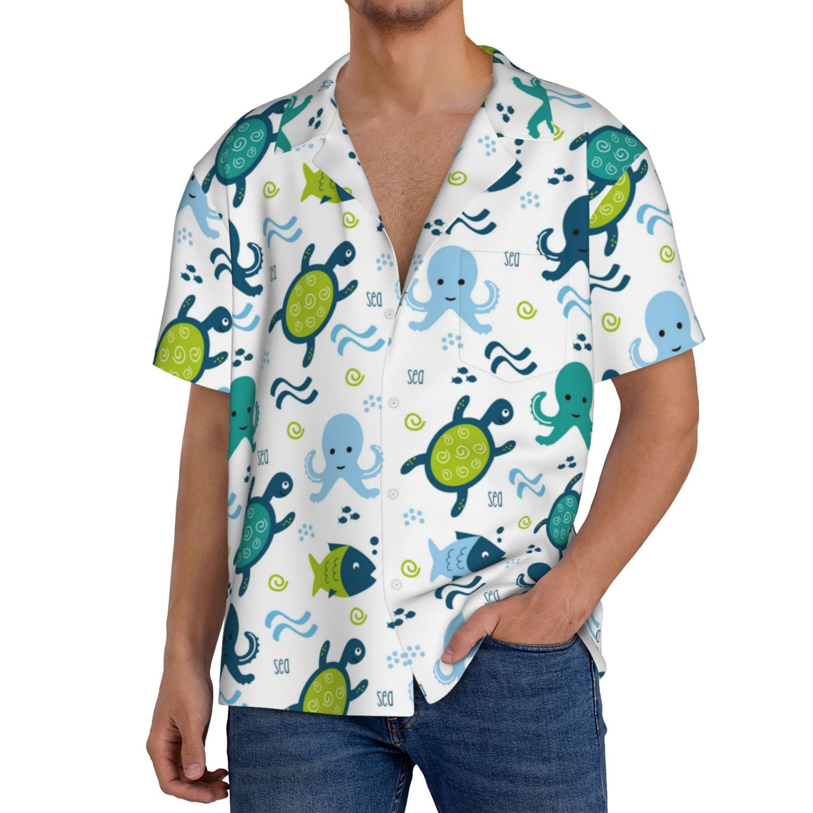 Qokaie Cartoon Sea Creatures Print Mens Casual Wrinkle Free Shirts ...