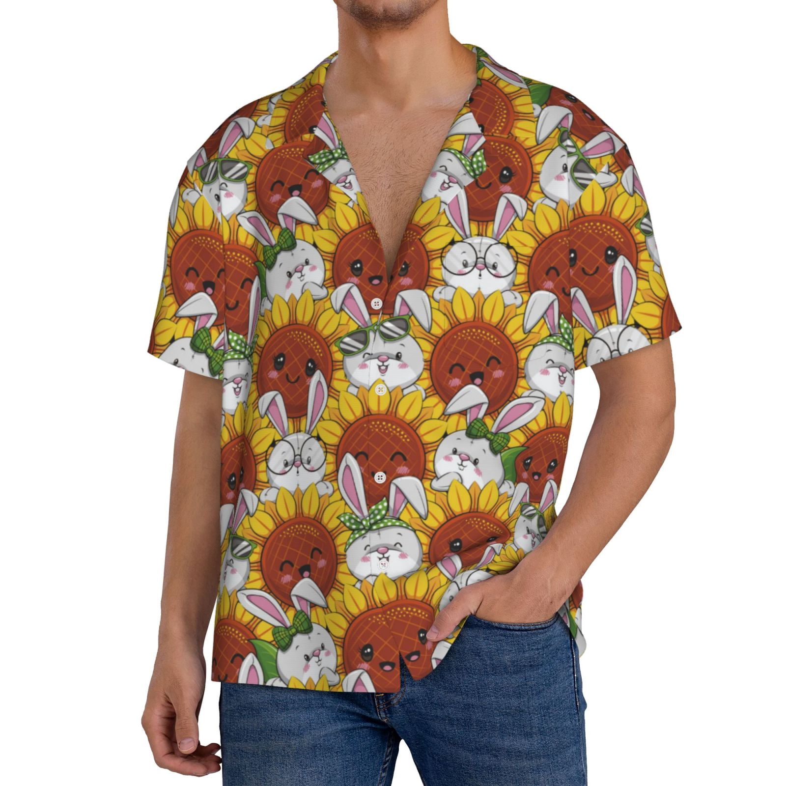 Qokaie Cartoon Sunflowers Print Mens Casual Wrinkle Free Shirts Short ...