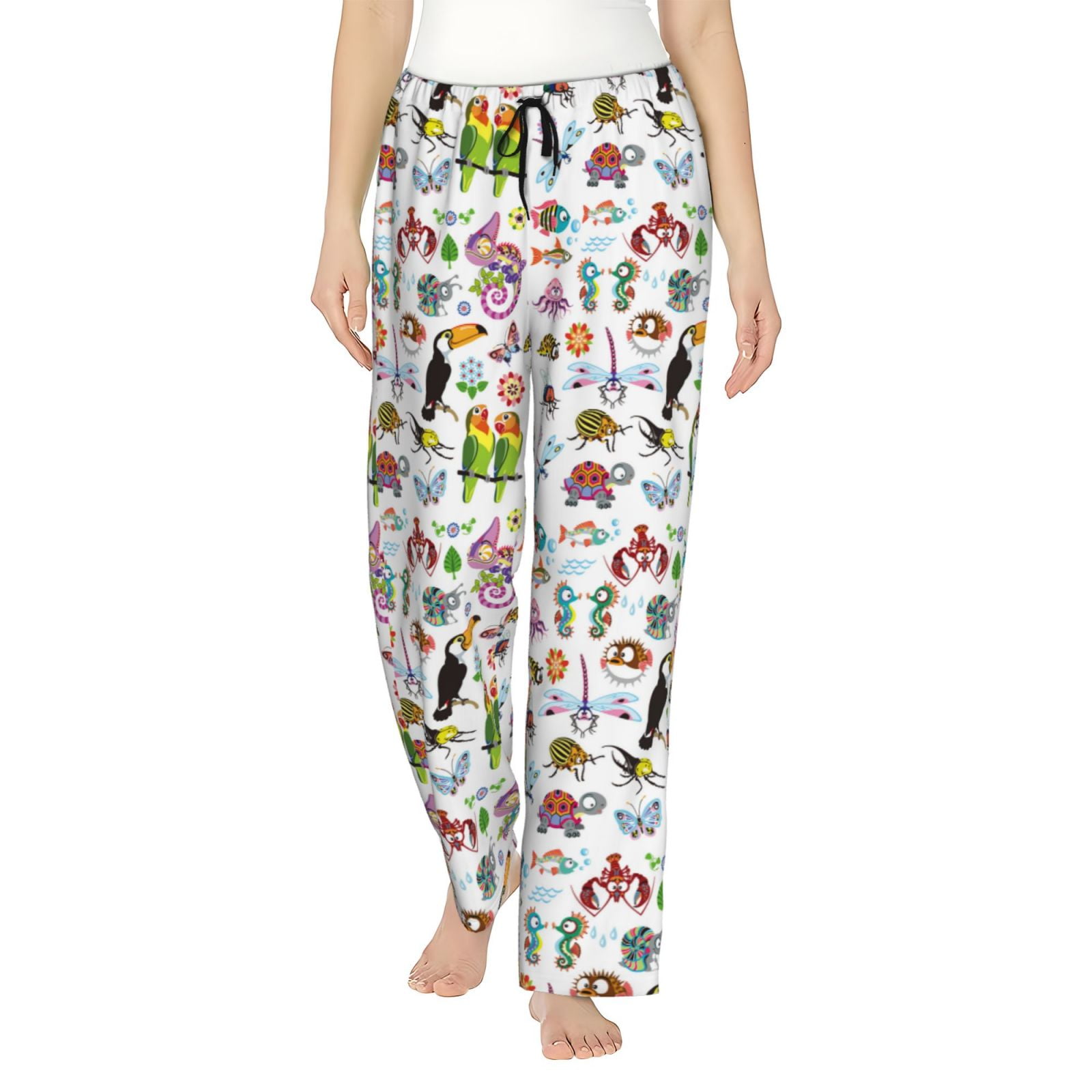 Qokaie Cartoon Wild Animals Drawing Silky Soft Women Pajama Pants ...