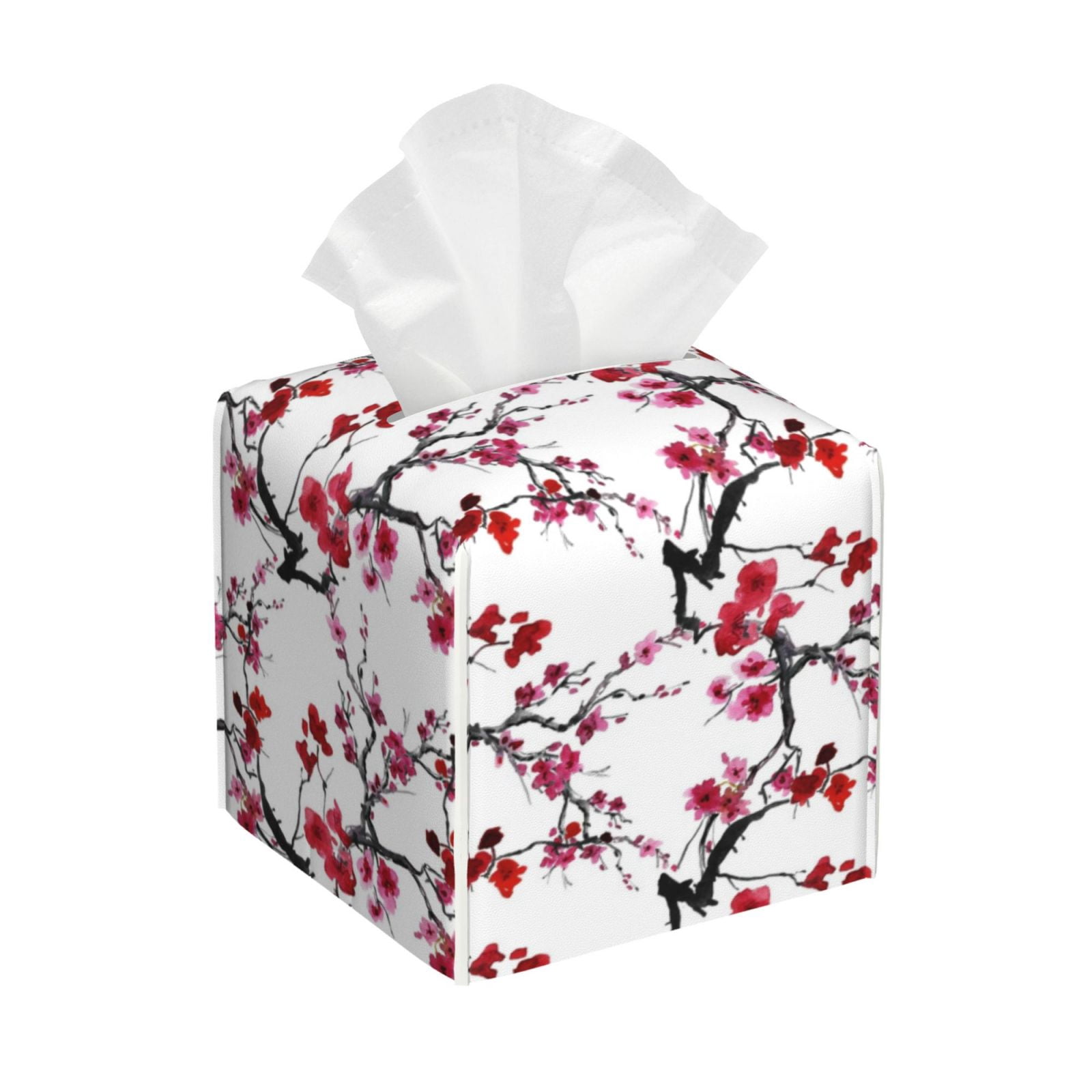 Qokaie Cherry Blossoms Print Tissue Box Cover, Refined Modern Leather ...