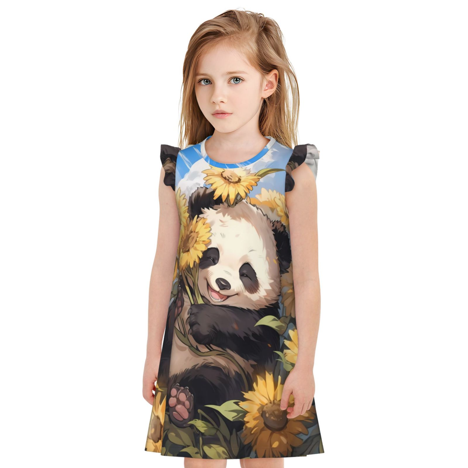 Qokaie Clear Sky Cute Sunflower Panda Print Girls Nightgowns, Nightgown ...