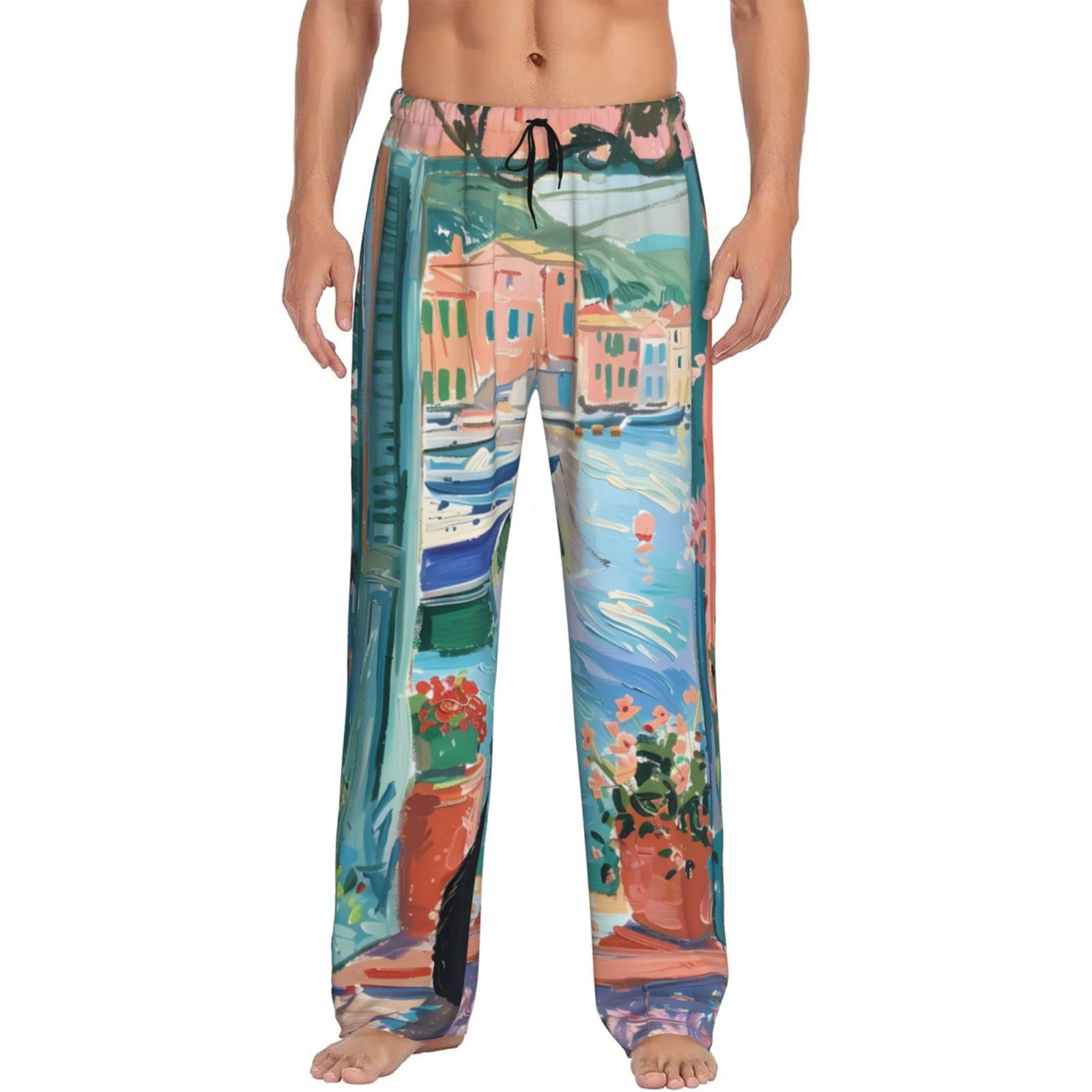 Qokaie Coastal Cat By The Window Drawing Silky Soft Men Pajama Pants ...
