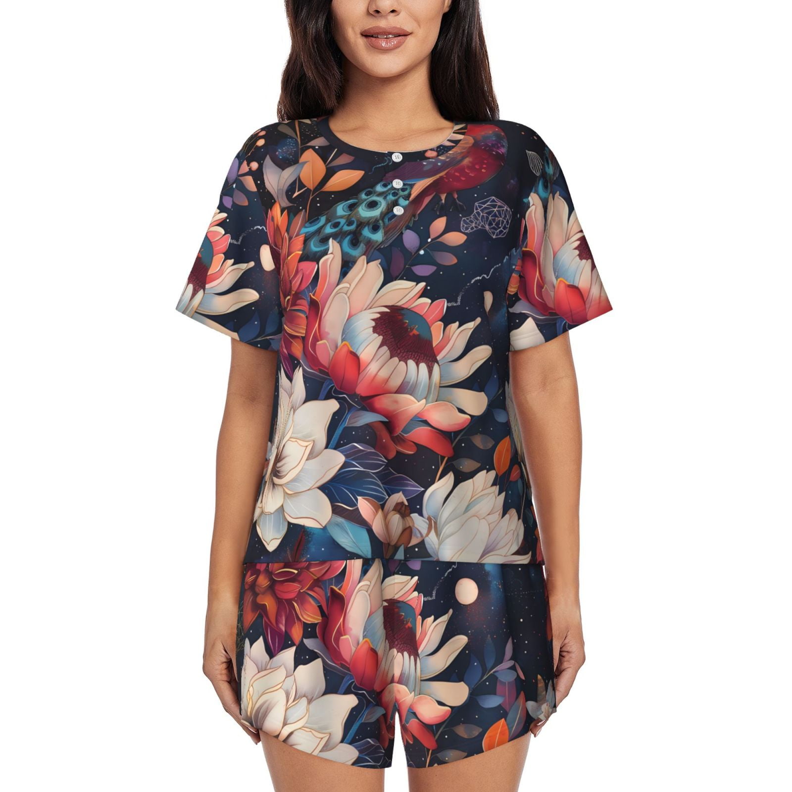 Qokaie Colorful Flower Peacock Pattern Pajamas Sets for Women Soft ...
