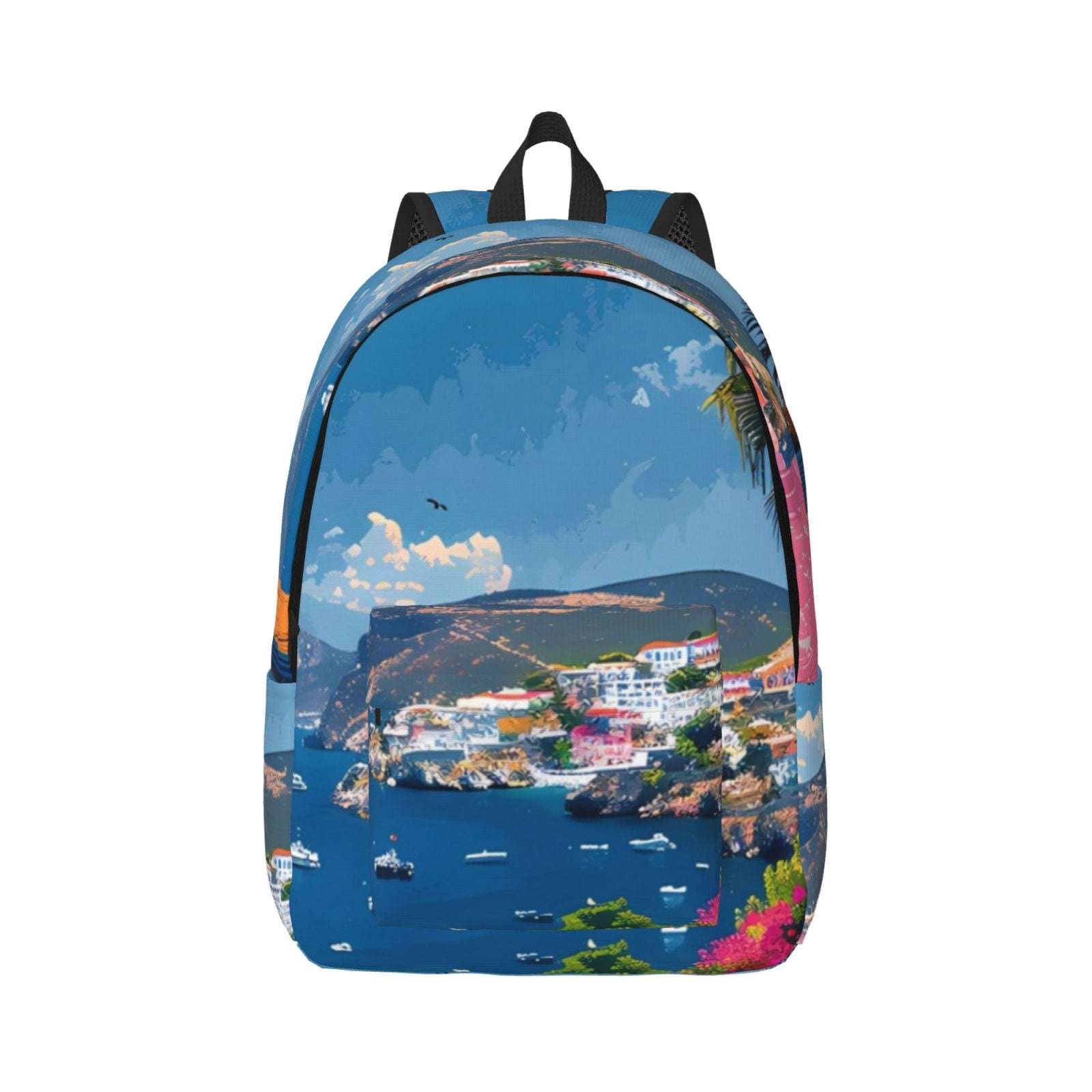 Qokaie Colorful Mediterranean Village Pattern Canvas Backpack Travel ...