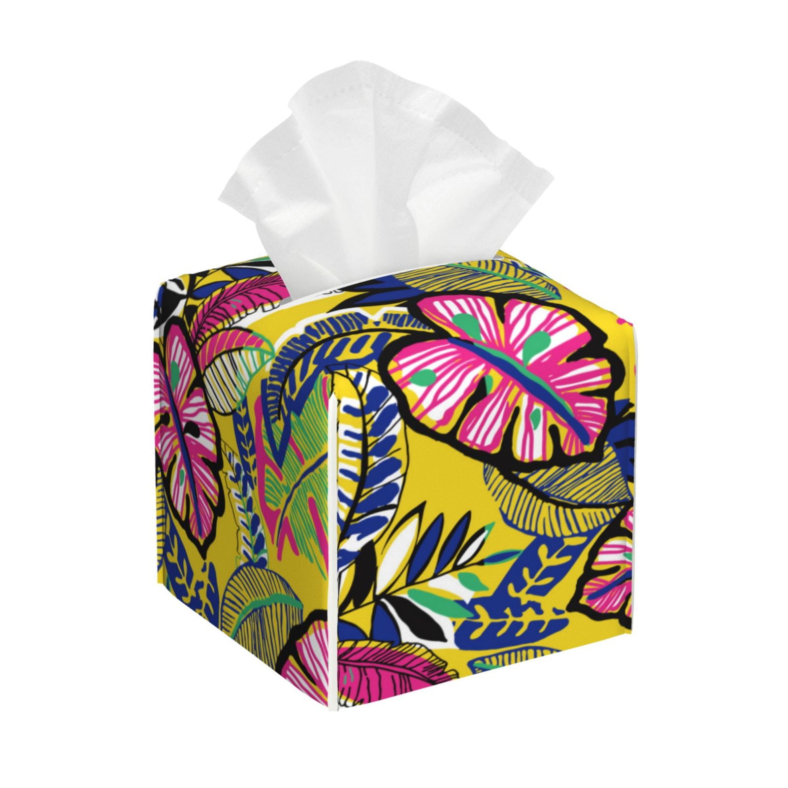 Qokaie Colrful Tropical Leaves Print Tissue Box Cover, Refined Modern Leather Square Holder ...