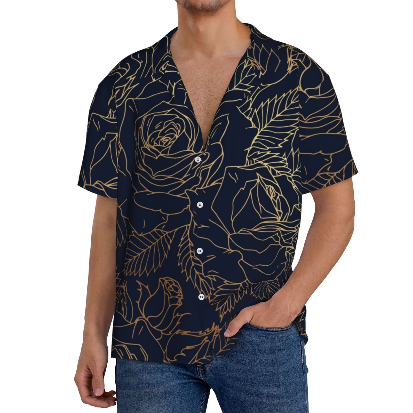 Qokaie Copper-Gold Gloss Outline Rose Print Mens Casual Wrinkle Free ...
