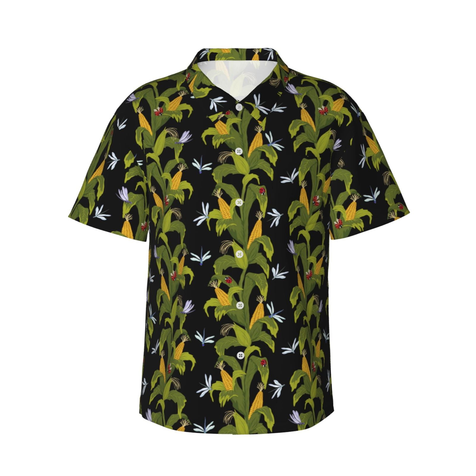 Qokaie Corn And Dragonflies Print Men’s Hawaiian Shirt – Tropical Short ...