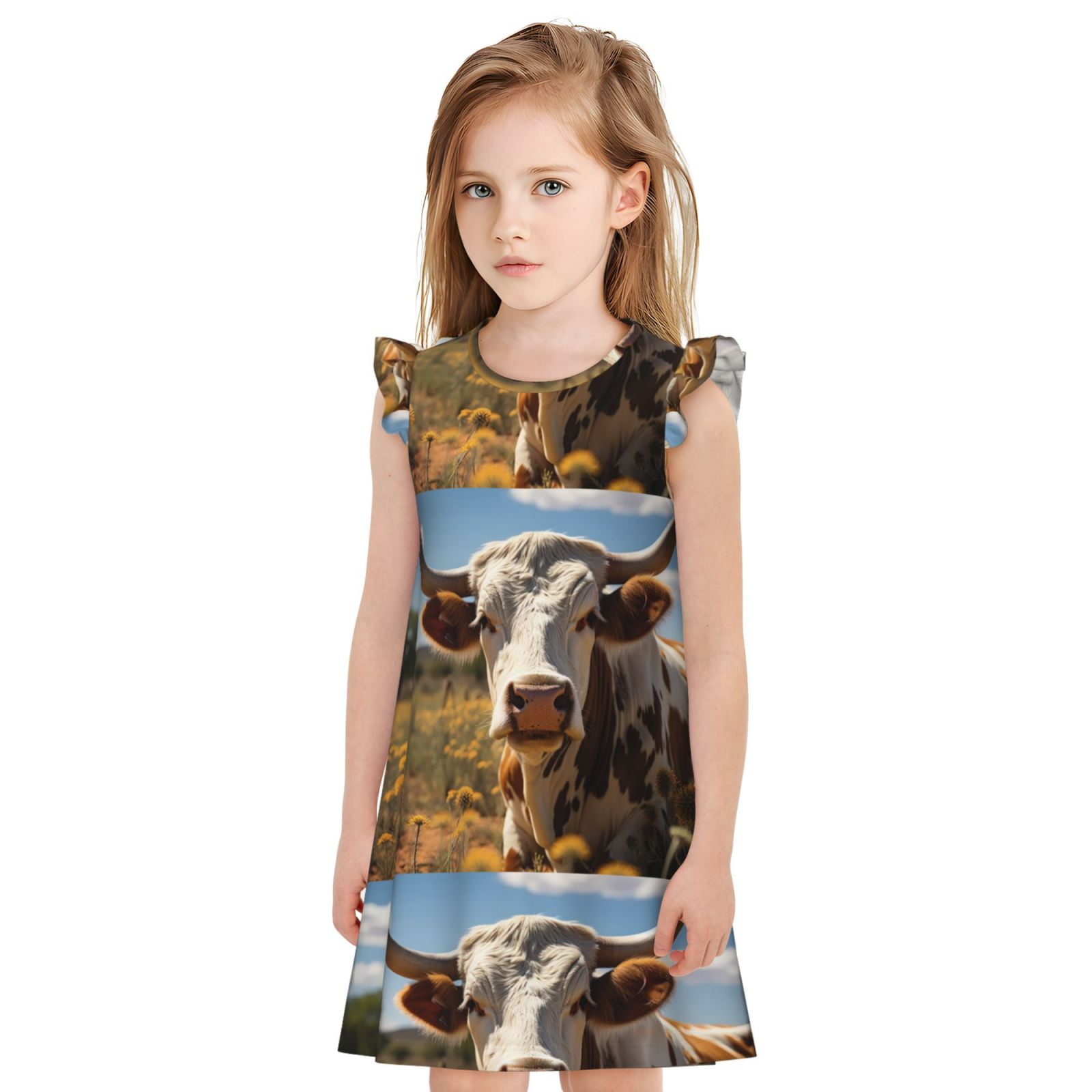 Qokaie Countryside Flower Cow Print Girls Nightgowns, Nightgown ...