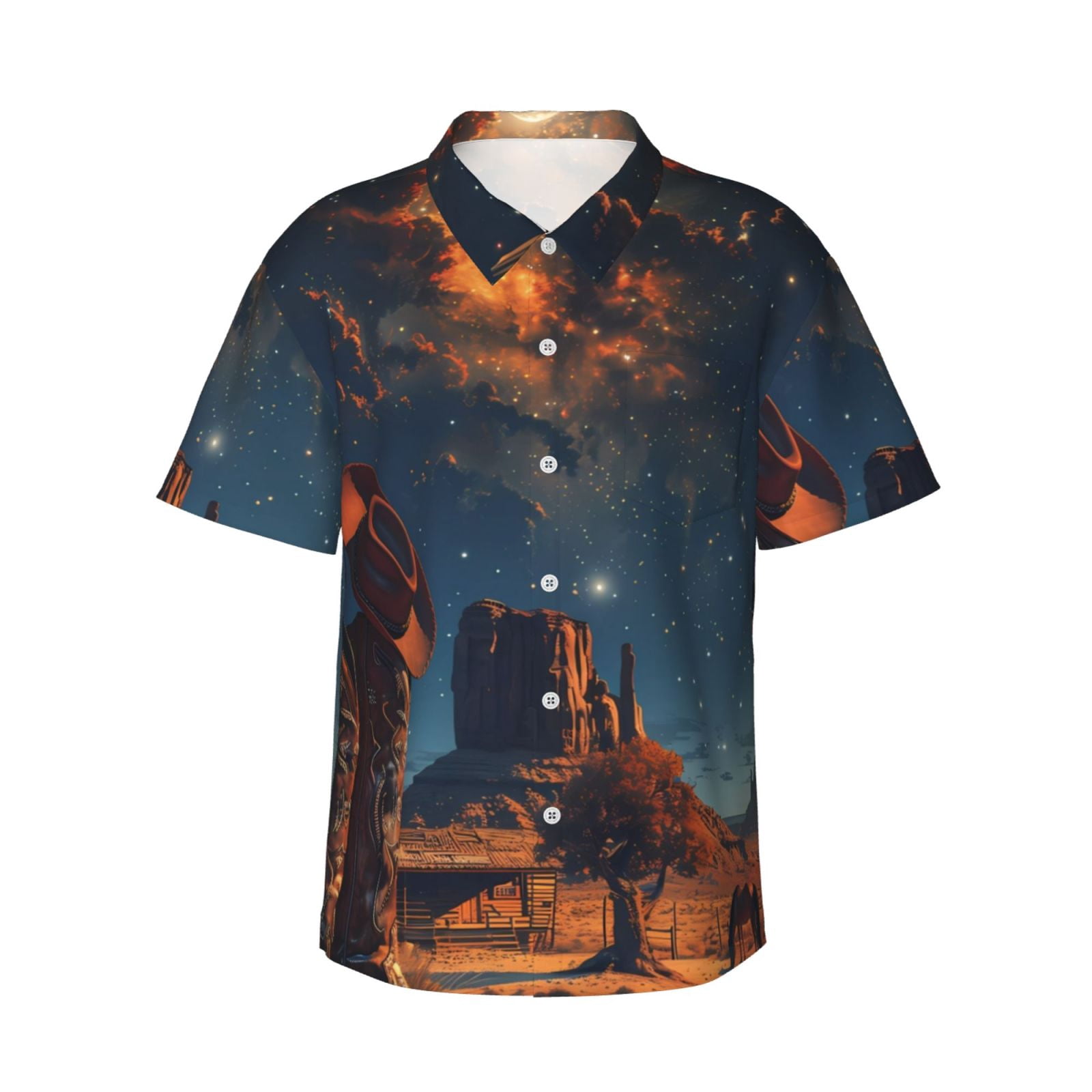 Qokaie Cowboy Boots Under Starry Sky Print Men’s Hawaiian Shirt ...
