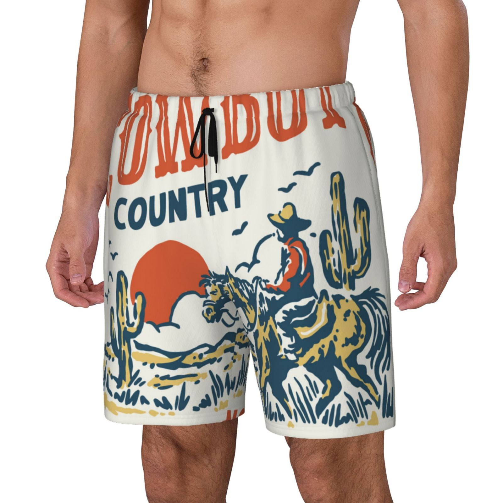 Qokaie Cowboy Rising Horse Print Mens Swim Trunks with Compression ...