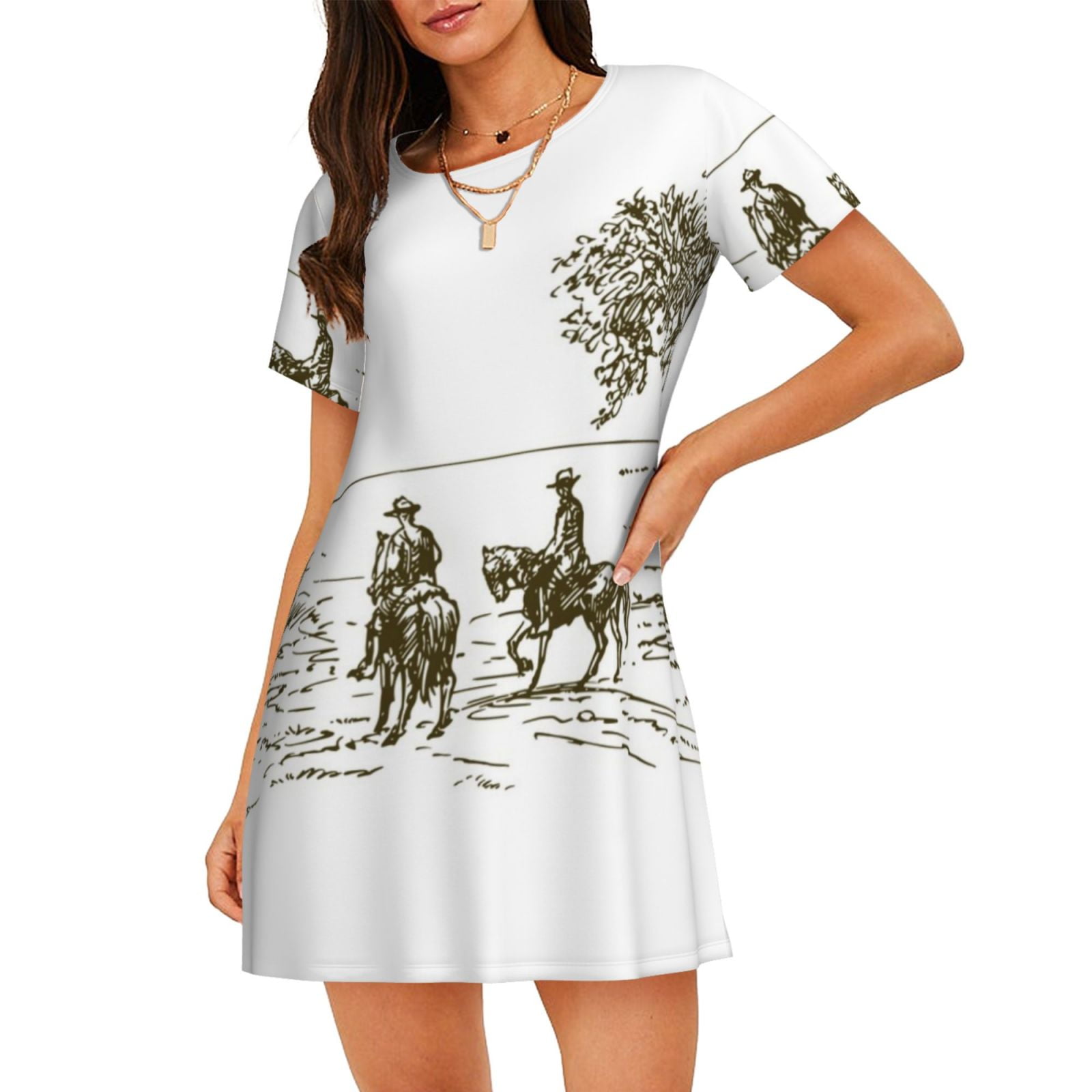 Qokaie Cowboys Riding A Horse Near A Tree Pattern Women’s Short-Sleeve ...